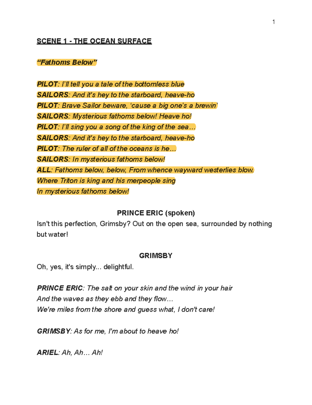 THE Little Mermaid Script copy - SCENE 1 - THE OCEAN SURFACE “Fathoms ...