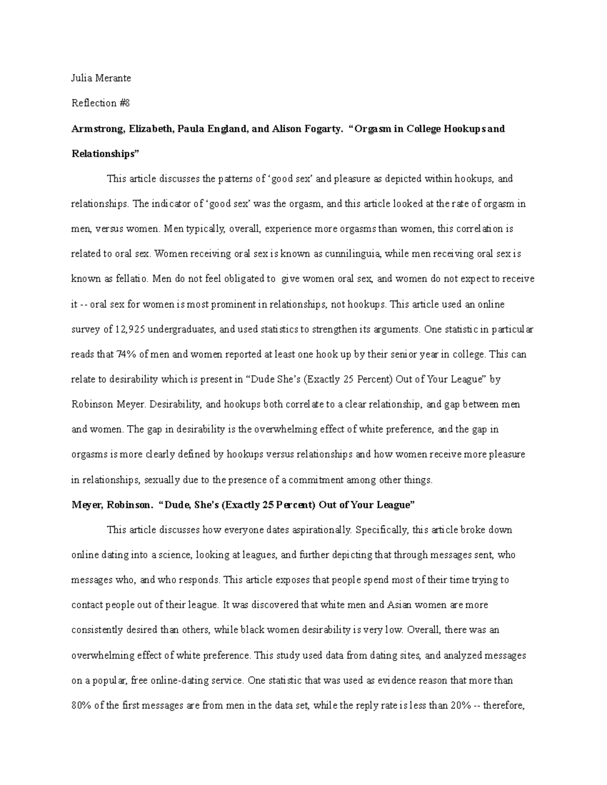 Reflection paper 8 - Grade: A - SOCL 210 - Studocu