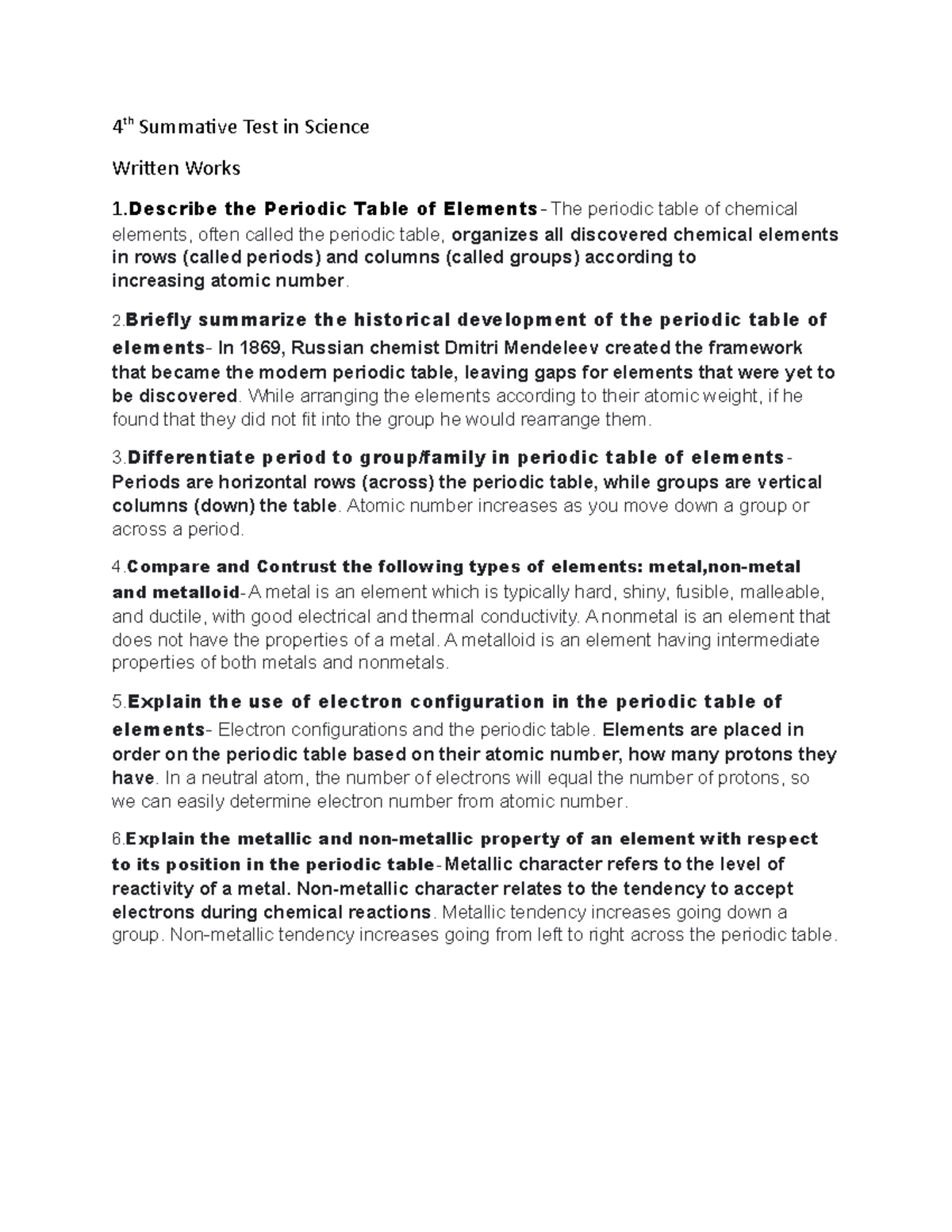 4th Summative Test in Science - 4 th Summative Test in Science Written ...