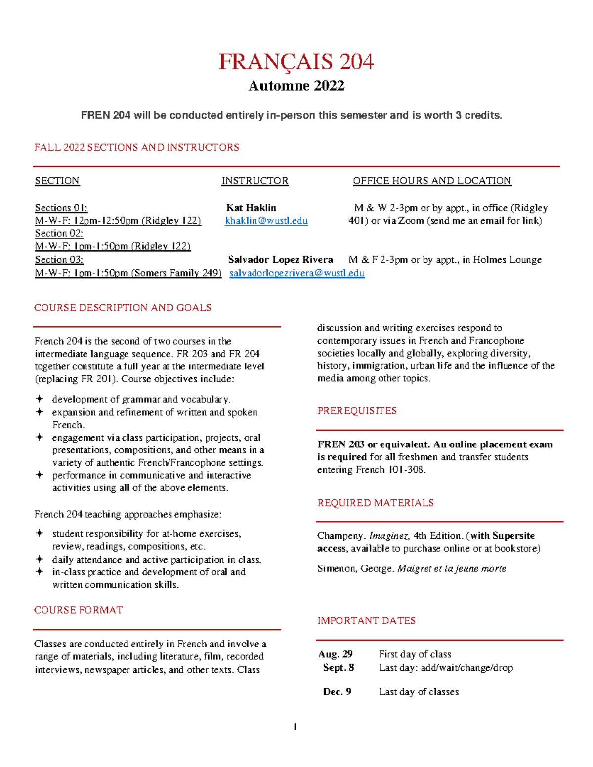 French 204 Syllabus - Prof. Kat Haklin - FRANÇAIS 204 Automne 2022 FREN ...