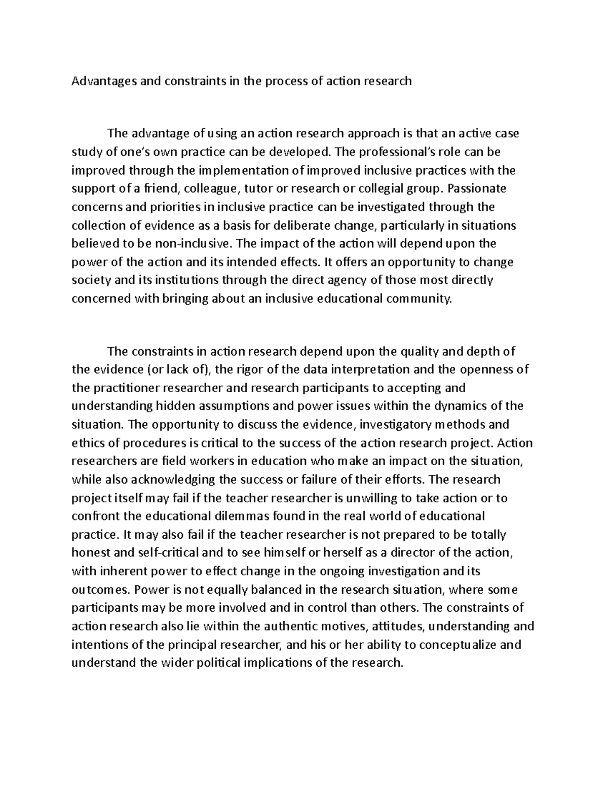 Advantages and constraints in the process of action research - The ...