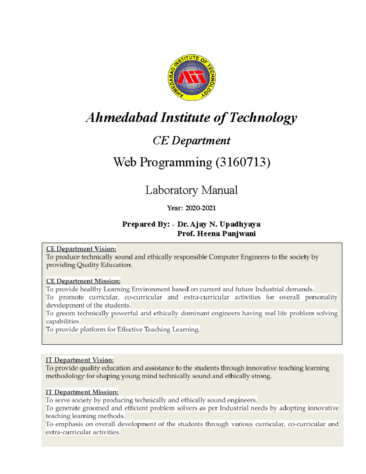 Oops lab manual - Ahmedabad Institute of Technology CE Department Web Programming (3160713 ...