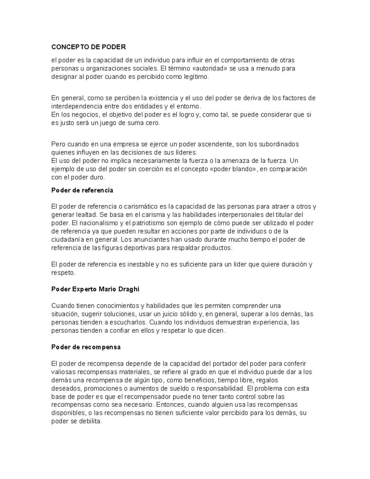 Concepto DE Poder - 123 - CONCEPTO DE PODER el poder es la capacidad de ...