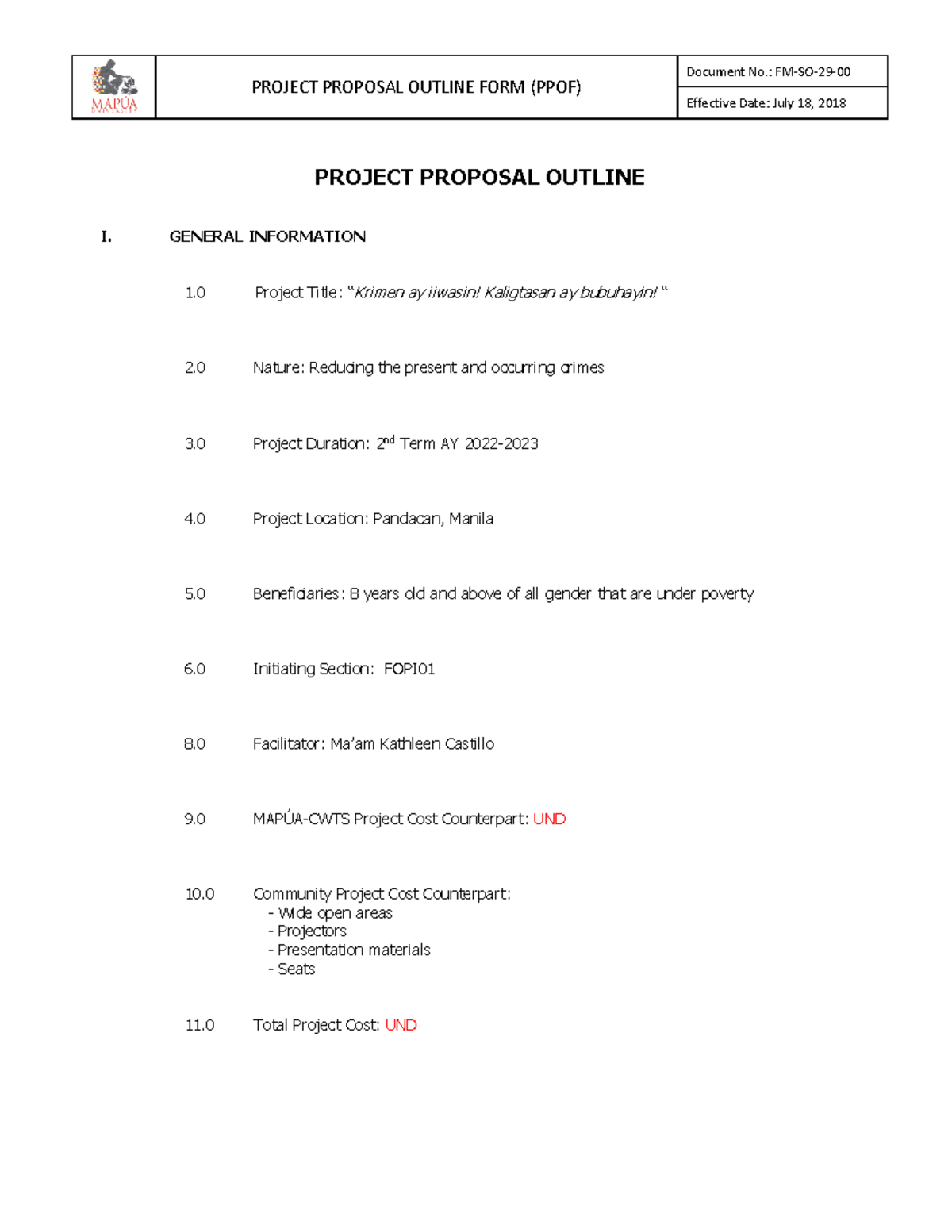 CWTS Project Proposal 2nd Draft - PROJECT PROPOSAL OUTLINE FORM (PPOF ...