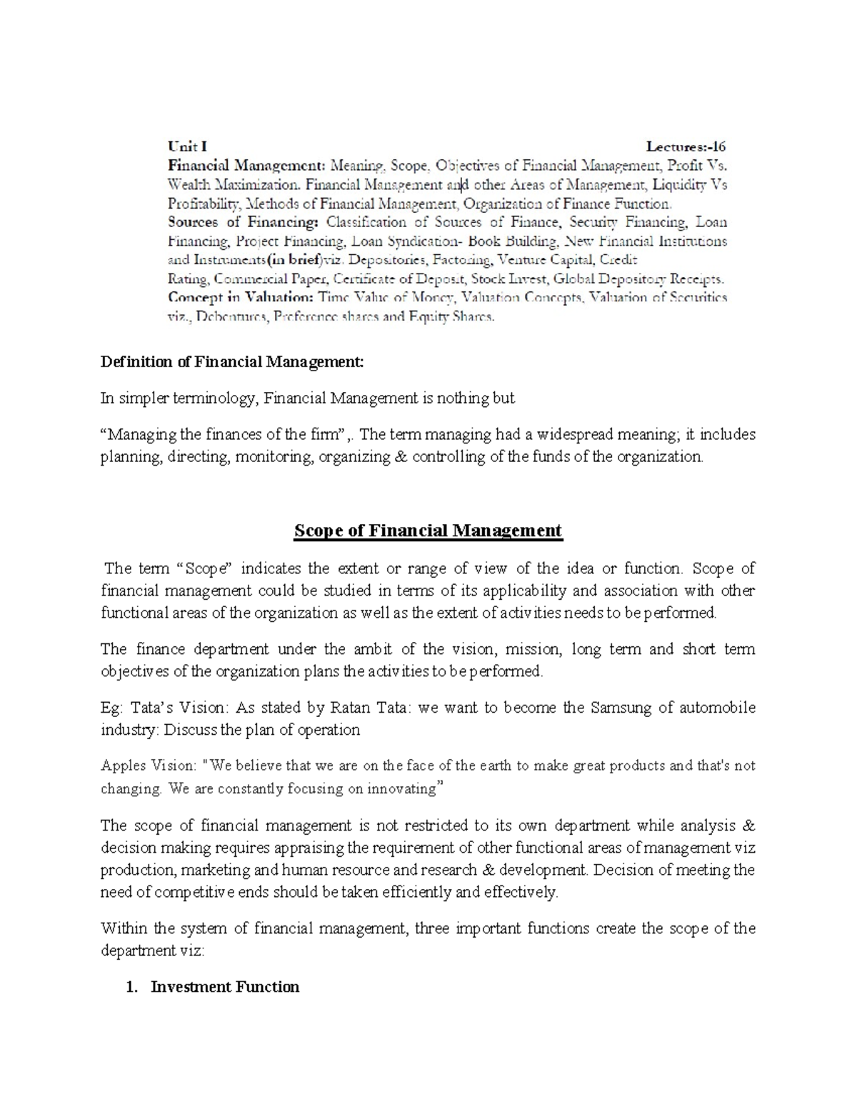 UNIT 1 - Lecture notes 6 - Definition of Financial Management: In ...