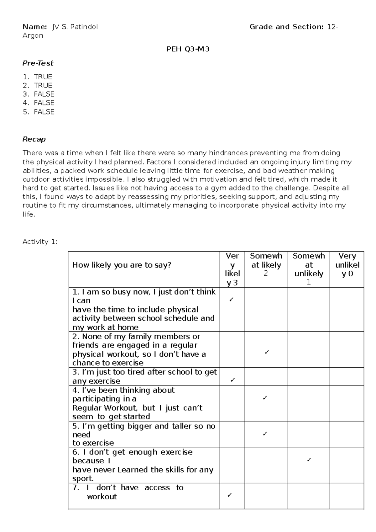 PEH Q3-M3 - hbhbhb - Name: JV S. Patindol Grade and Section: 12- Argon ...