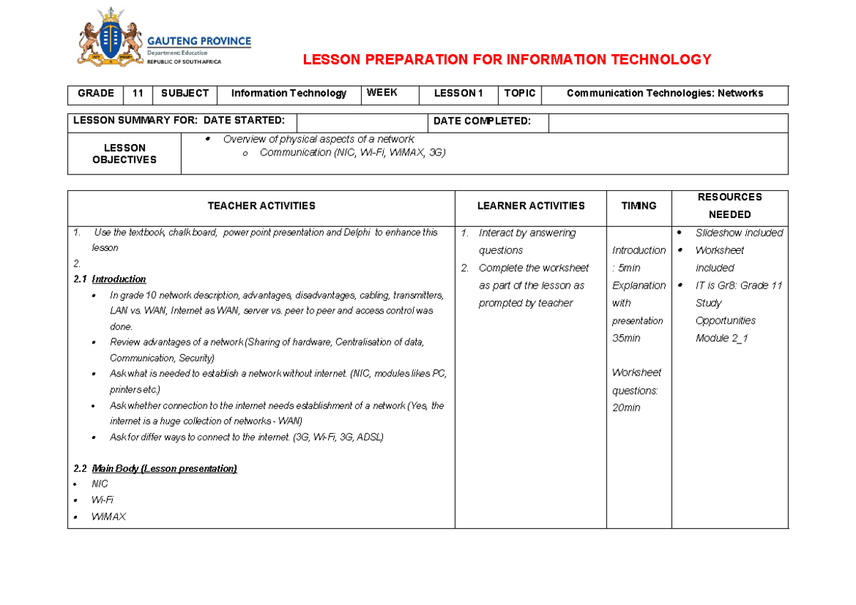 Lesson 1 Lesson Plan - LESSON PREPARATION FOR INFORMATION TECHNOLOGY ...