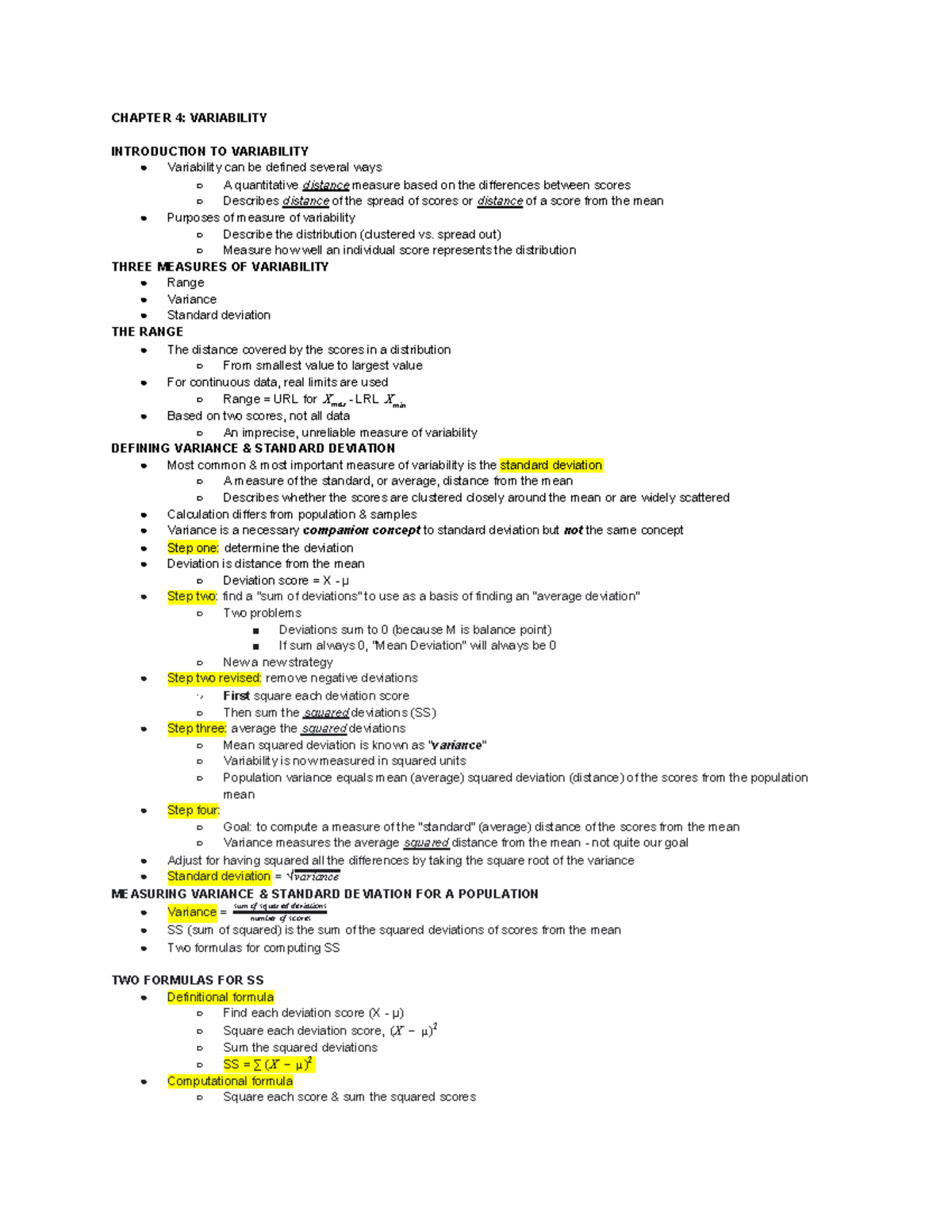 PSY 3234 Chp 4 Notes - CHAPTER 4: VARIABILITY INTRODUCTION TO ...
