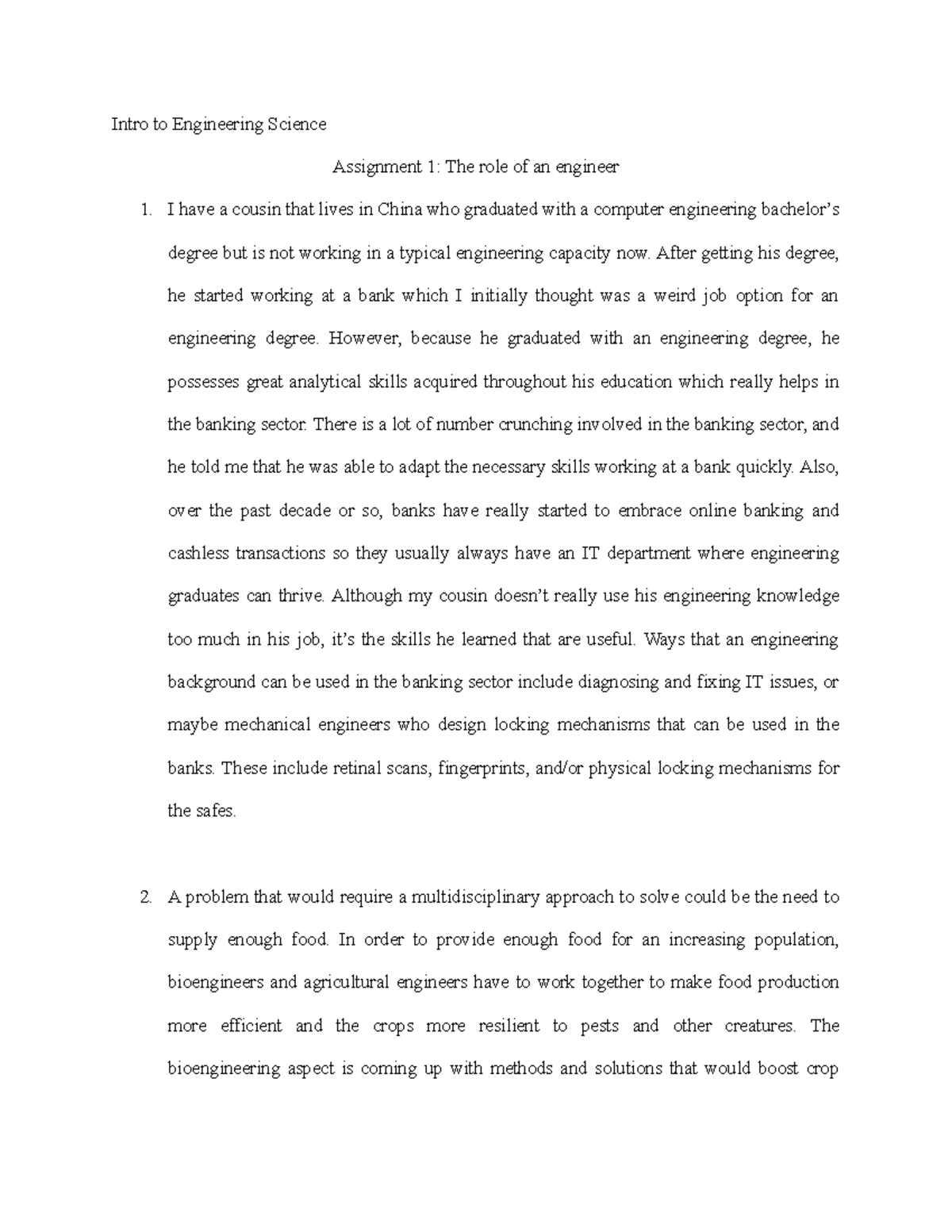 Assignment 1 - The role of the engineer - Intro to Engineering Science ...