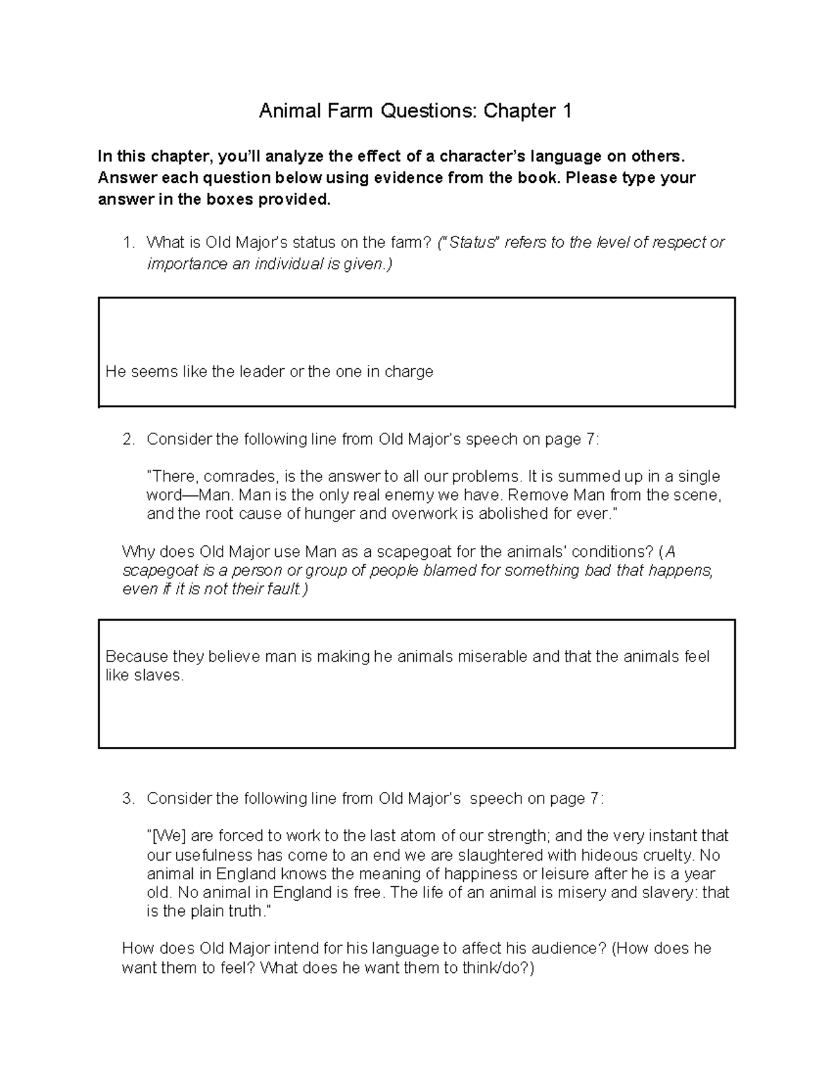 Copy of Animal Farm Questions Chapter 1 - Animal Farm Questions ...