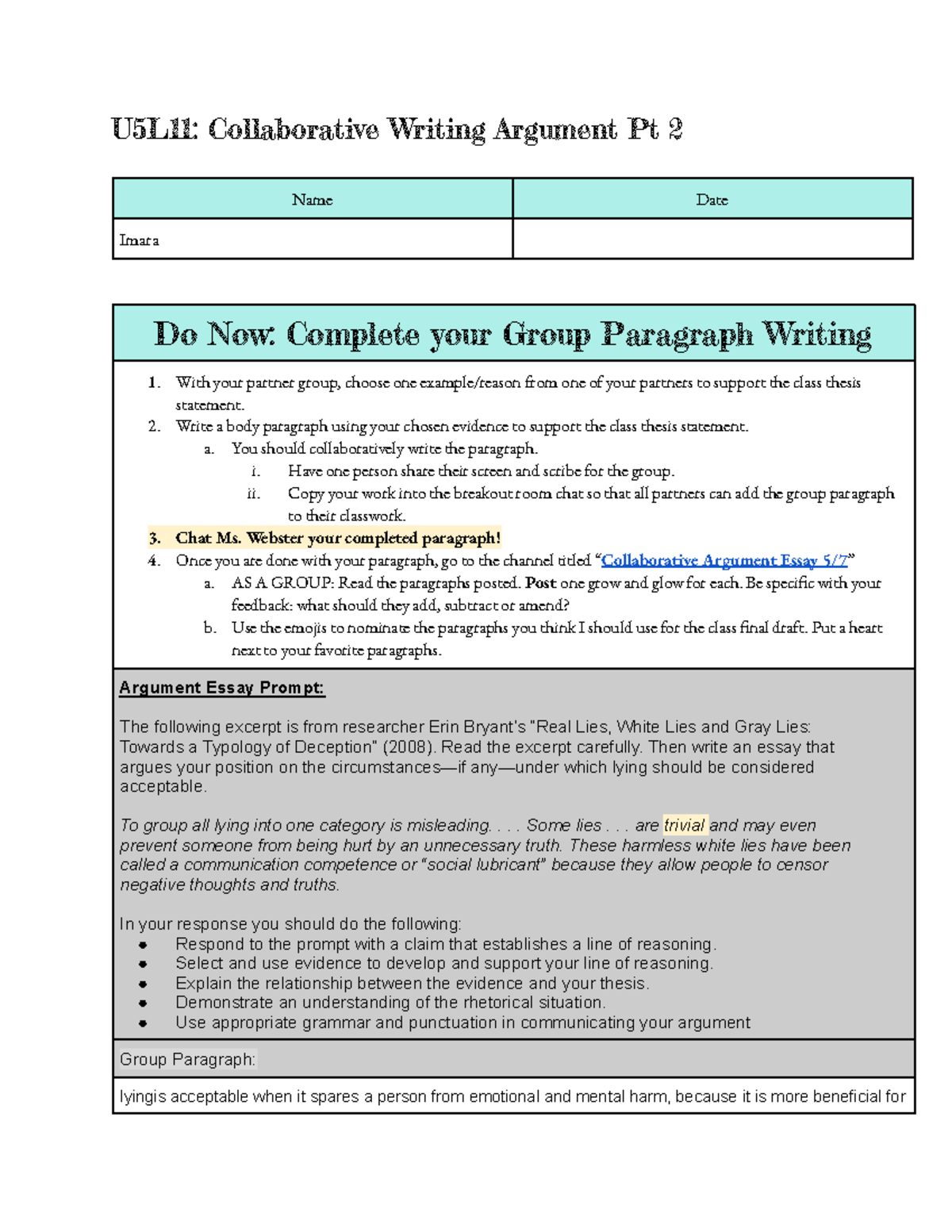 Collaborative Writing Argument Pt 2 - Write a body paragraph using your ...