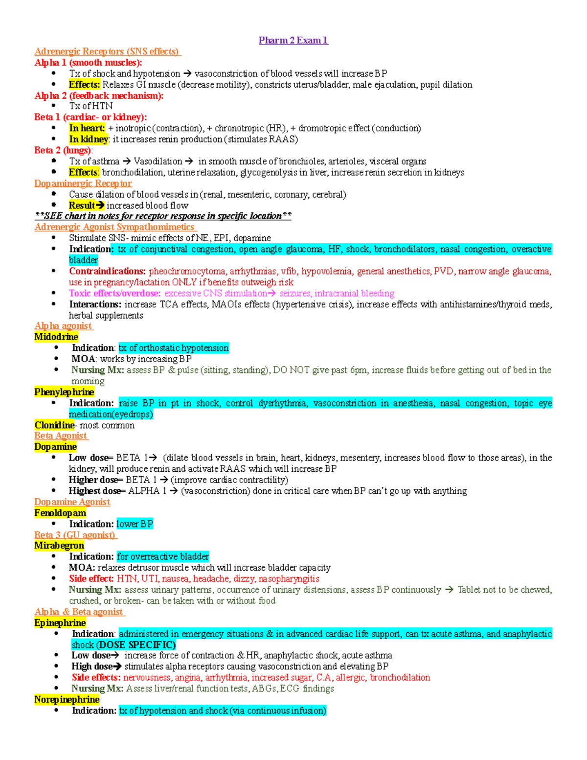 Pharm 2 Exam 1 Drug Profile - Pharm 2 Exam 1 Adrenergic Receptors (SNS effects) Alpha 1 (smooth ...