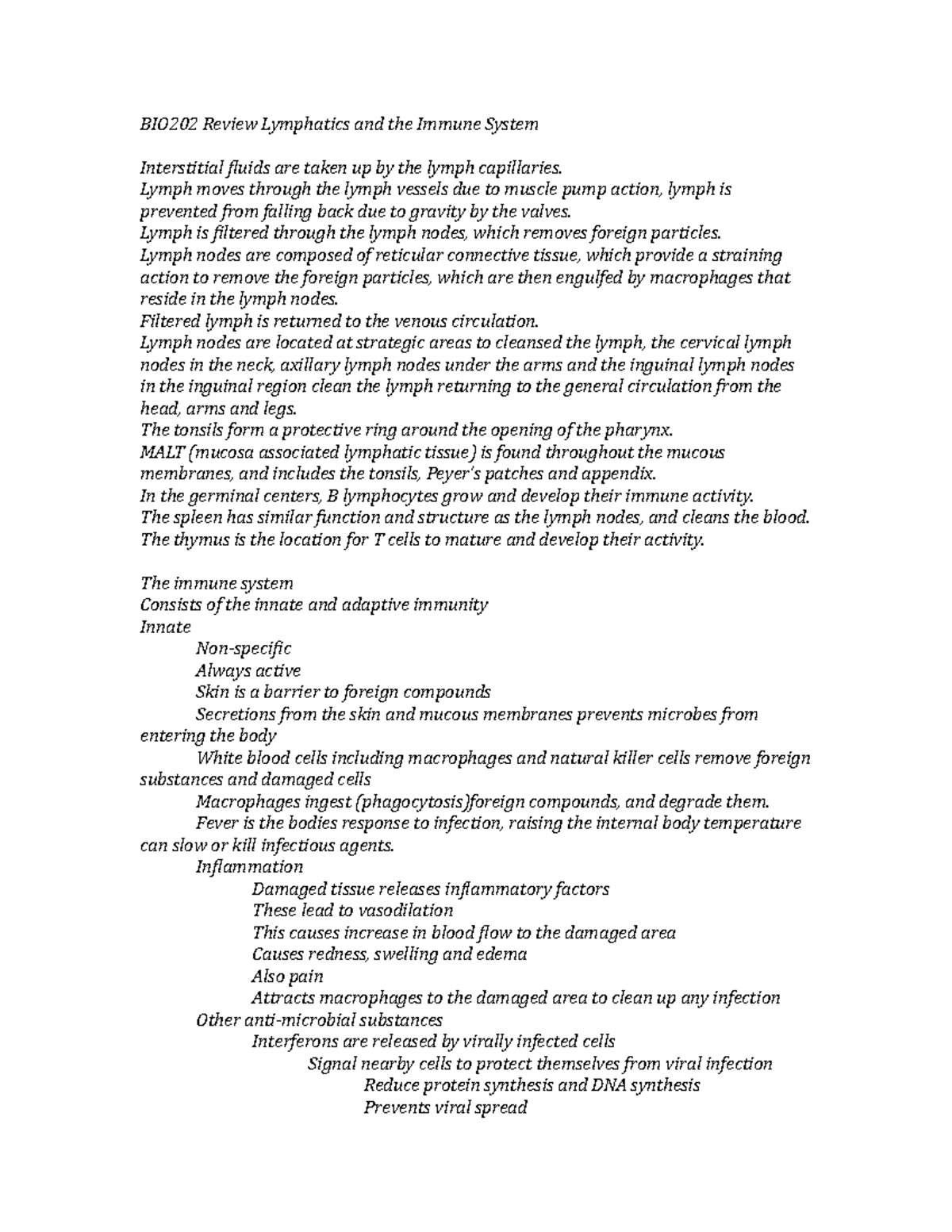 5 Review Lymphatics and the Immune System - BIO202 Review Lymphatics ...