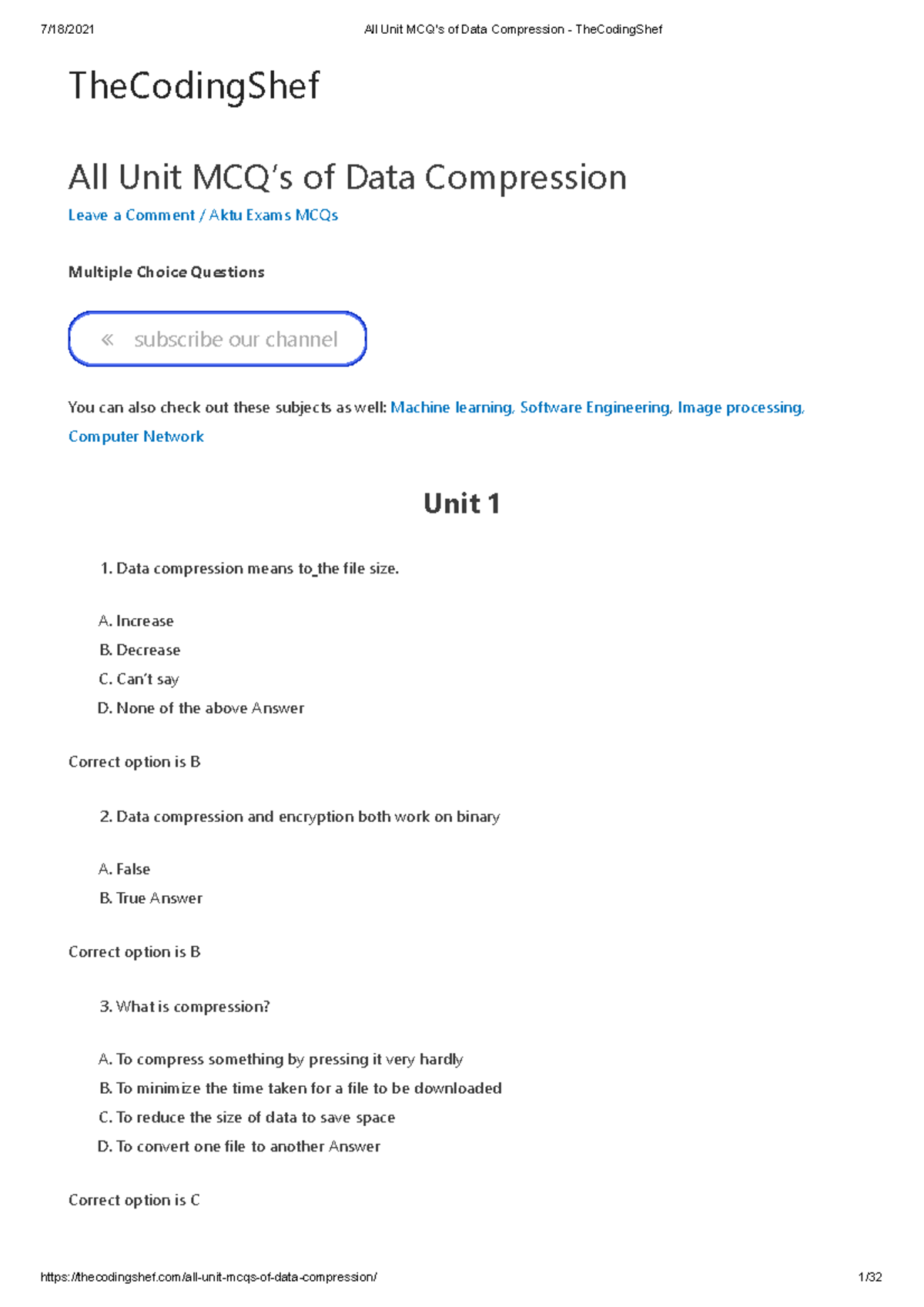 All Unit MCQ's of Data Compression - The Coding Shef - All Unit MCQ’s of Data Compression Leave ...