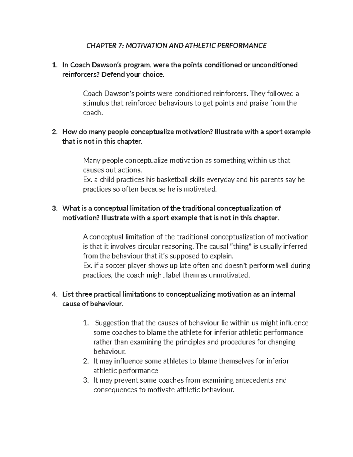 Chapter 7 practice questions - CHAPTER 7: MOTIVATION AND ATHLETIC PERFORMANCE In Coach Dawson’s ...