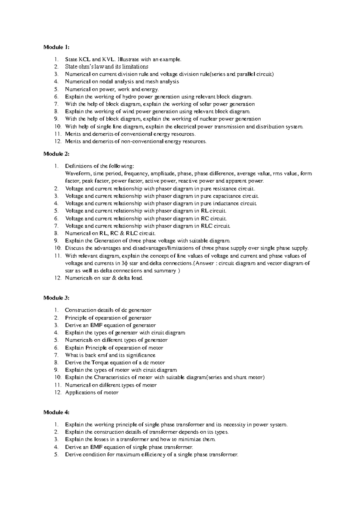Questions modulewise for information - Module 1: State KCL and KVL ...
