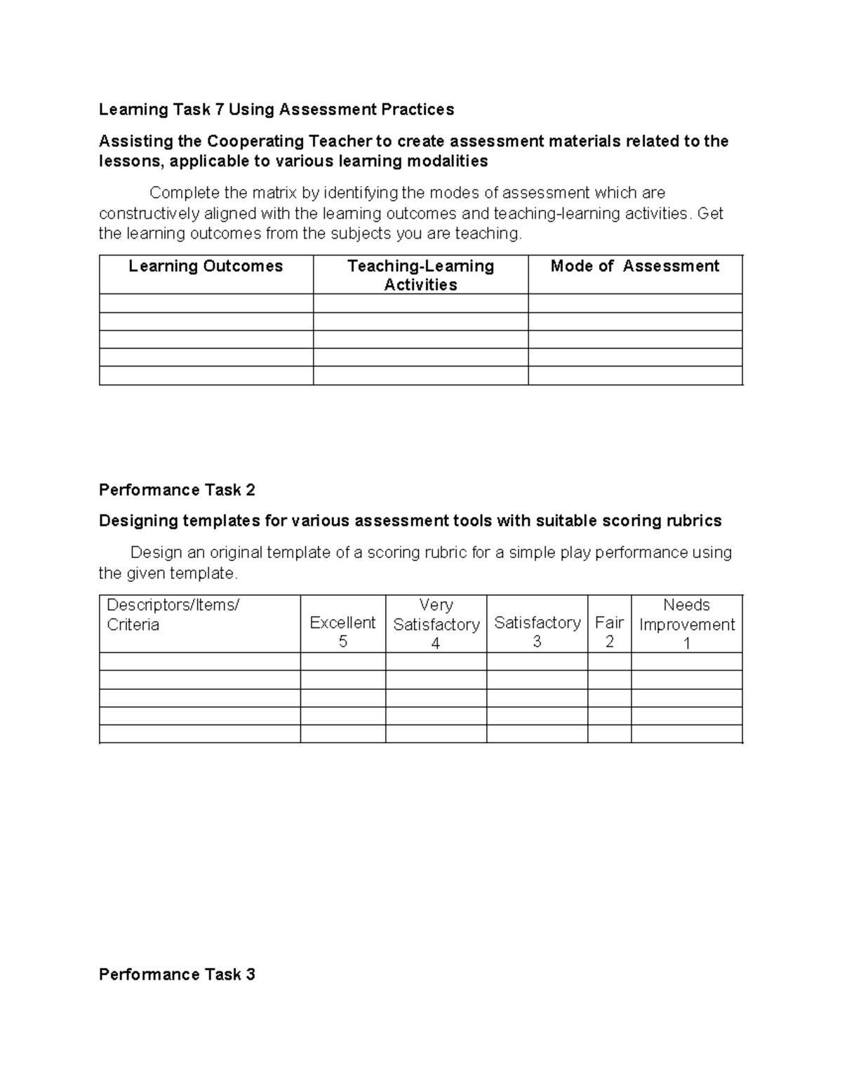 Learning-Task-7 - Learning Task 7 Using Assessment Practices Assisting the Cooperating Teacher ...