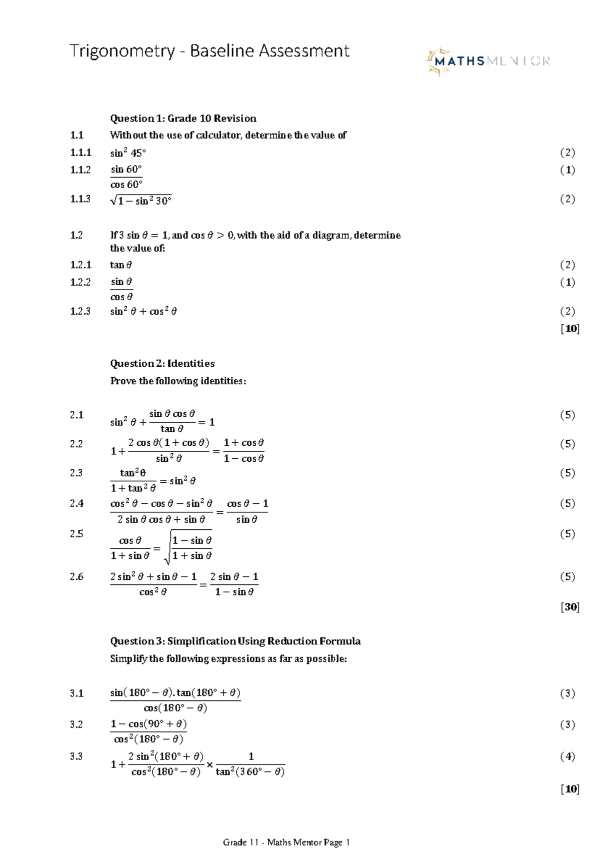 Grade 11 Trigonometry Algebra - Baseline Assessment - Question 1: Grade ...