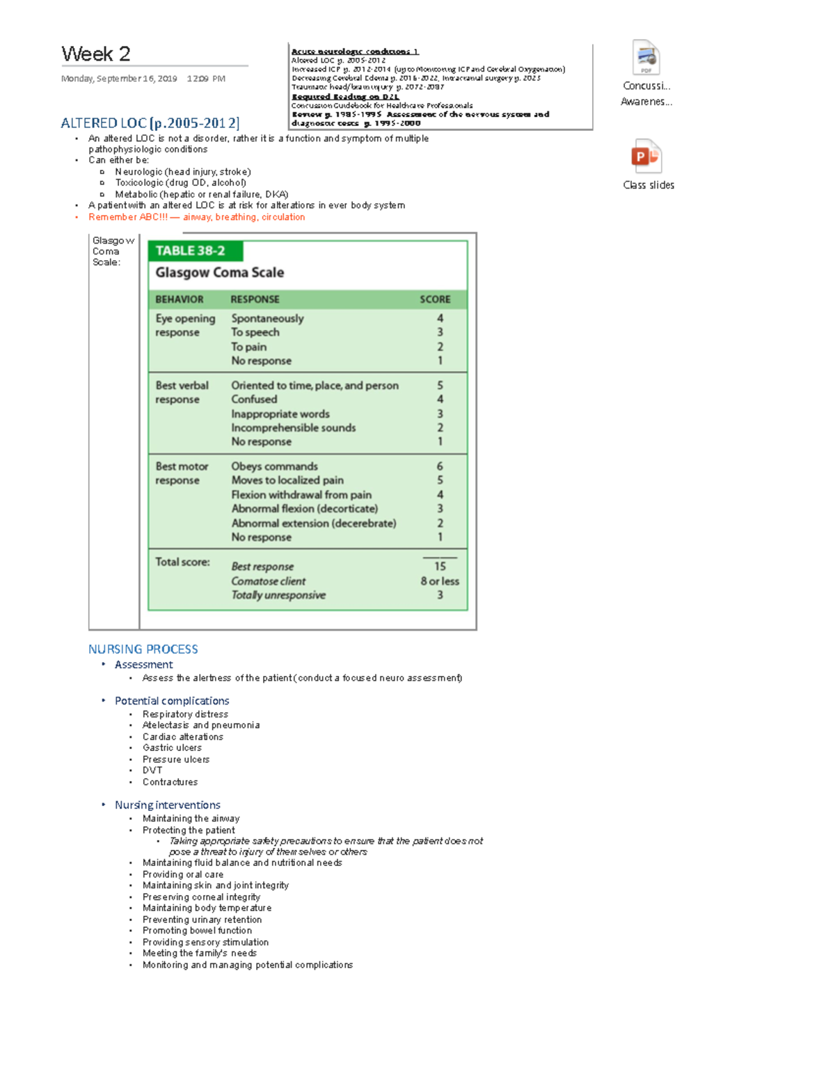 Altered LOC + ICP + TBI - Concussi... Awarenes... Guidebo... Week 2 ...