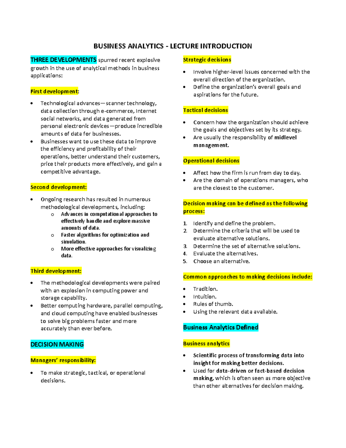 Business Analytics - BUSINESS ANALYTICS - LECTURE INTRODUCTION THREE DEVELOPMENTS spurred recent ...