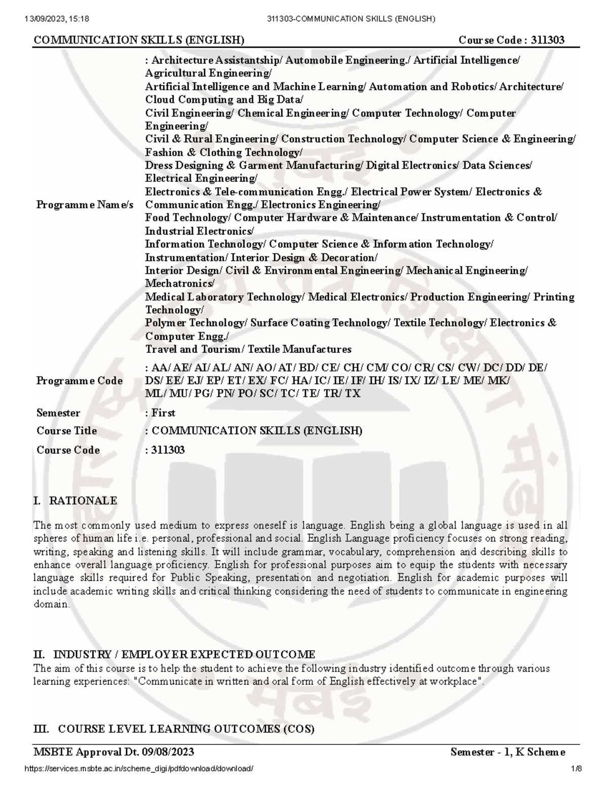 311303 - COMMUNICATION SKILLS (ENGLISH) Course Code : 311303 Semester ...