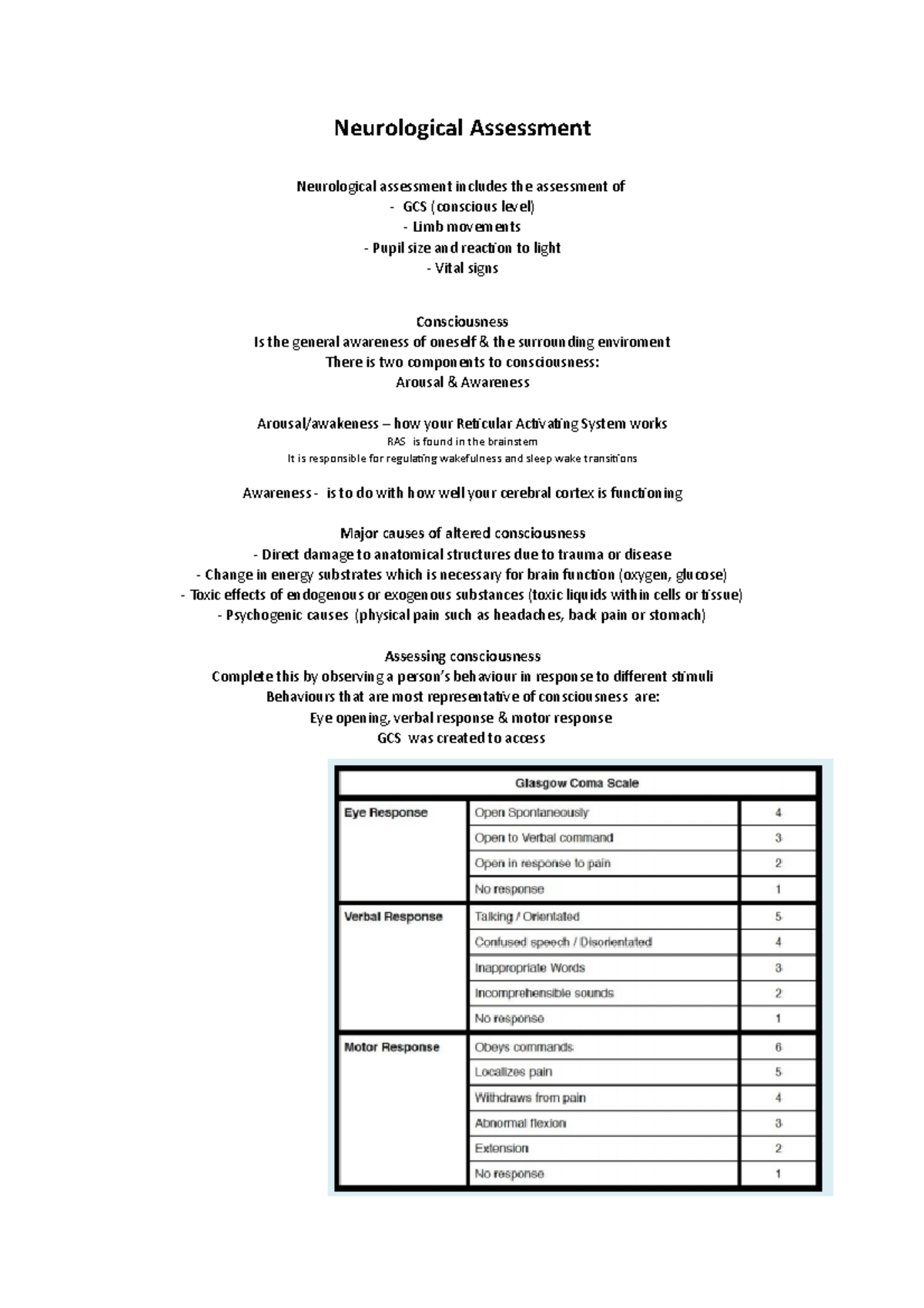 Neurological Assessment - Neurological Assessment Neurological ...