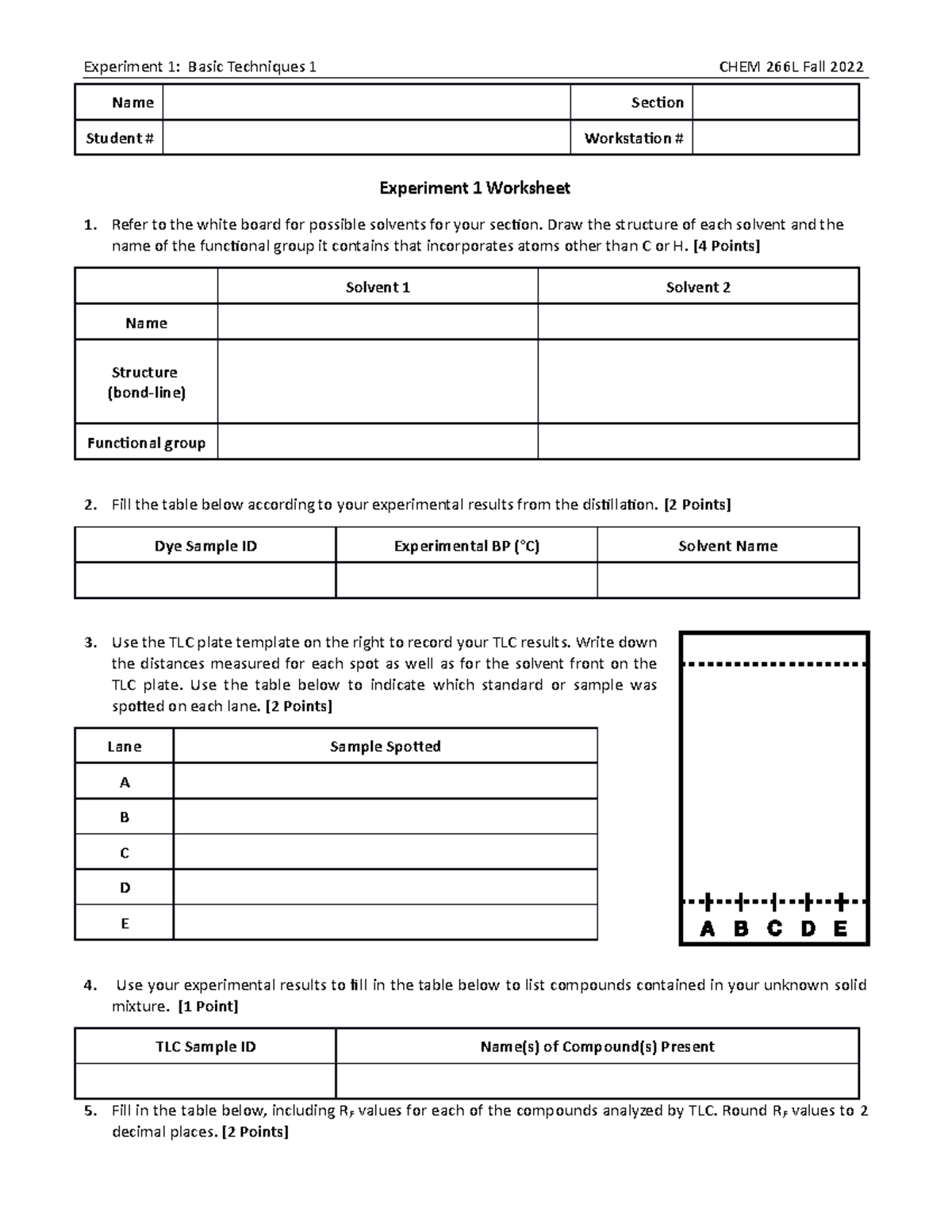CHEM 266L Experiment 1 Worksheet F22 - Experiment 1: Basic Techniques 1 CHEM 266L Fall 2022 Name ...