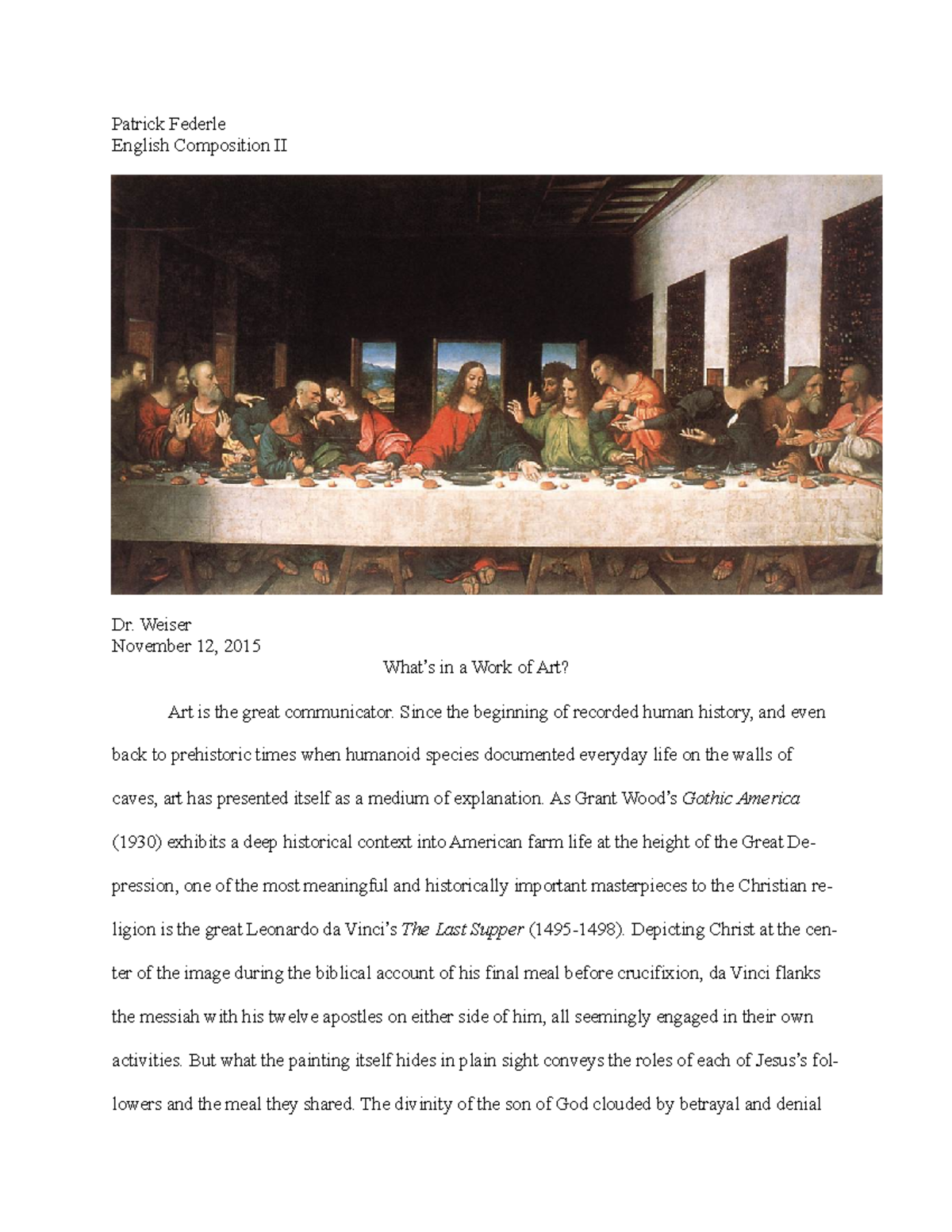 The last supper - A- Patrick Federle English Composition II Dr. Weiser ...