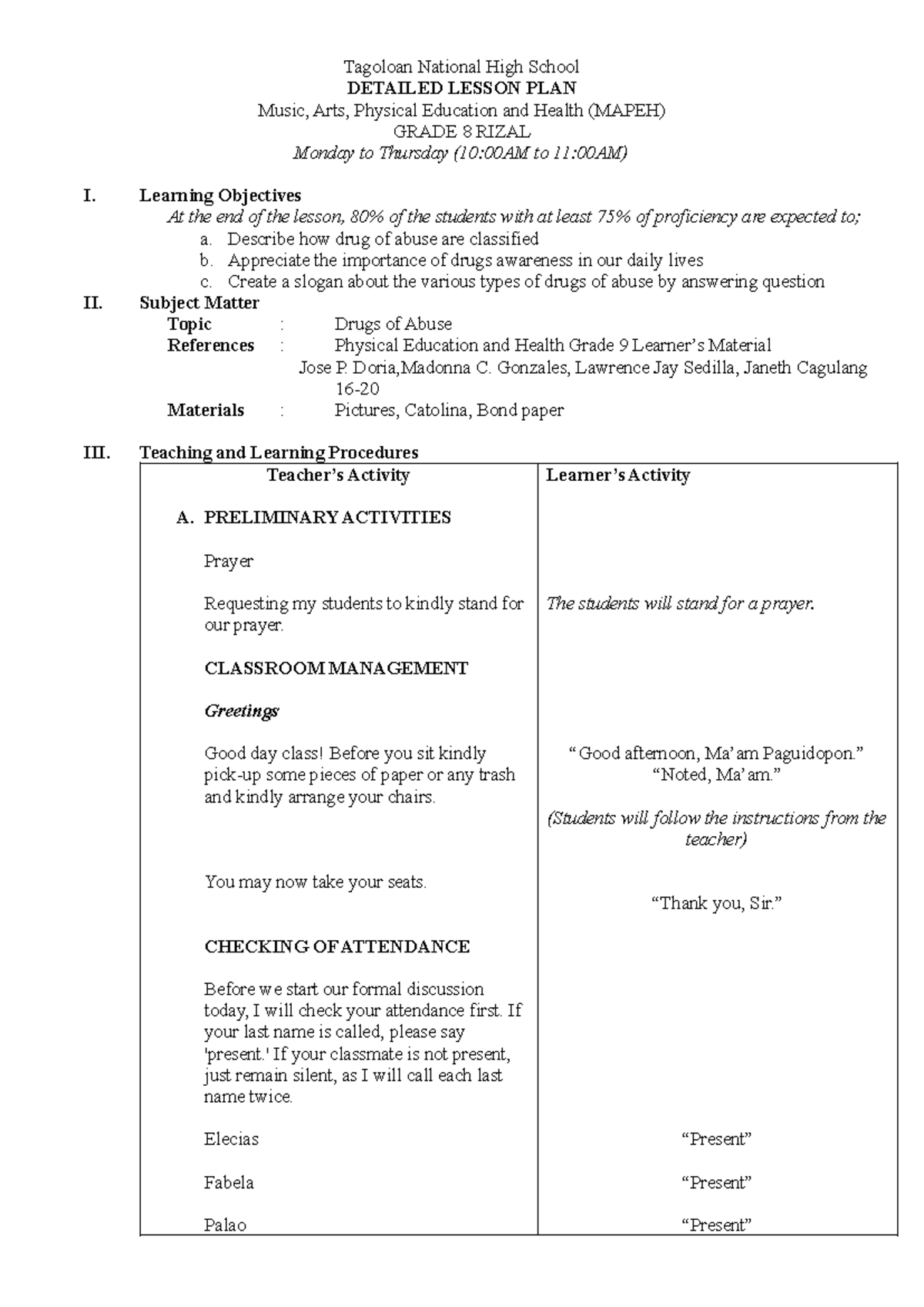 BPED Sample Lesson PLAN - Tagoloan National High School DETAILED LESSON ...