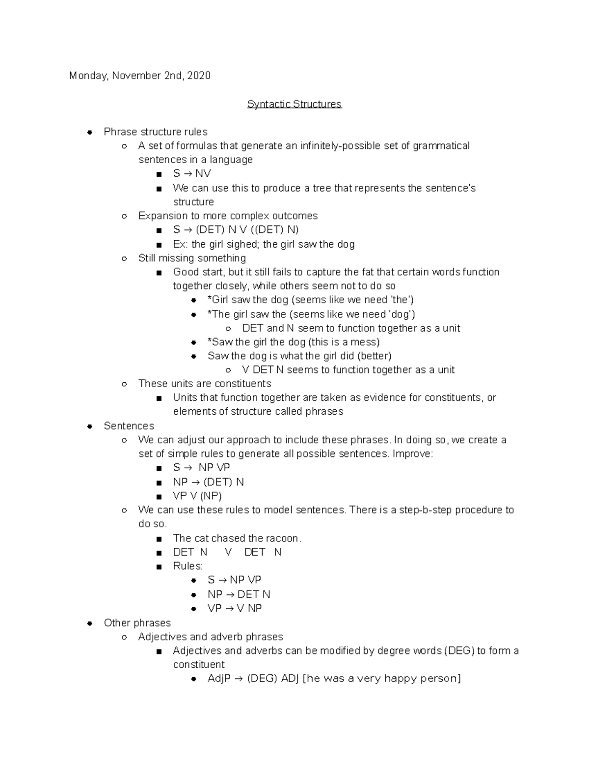 Class Notes Syntactic Structures - Monday, November 2nd, 2020 Syntactic ...