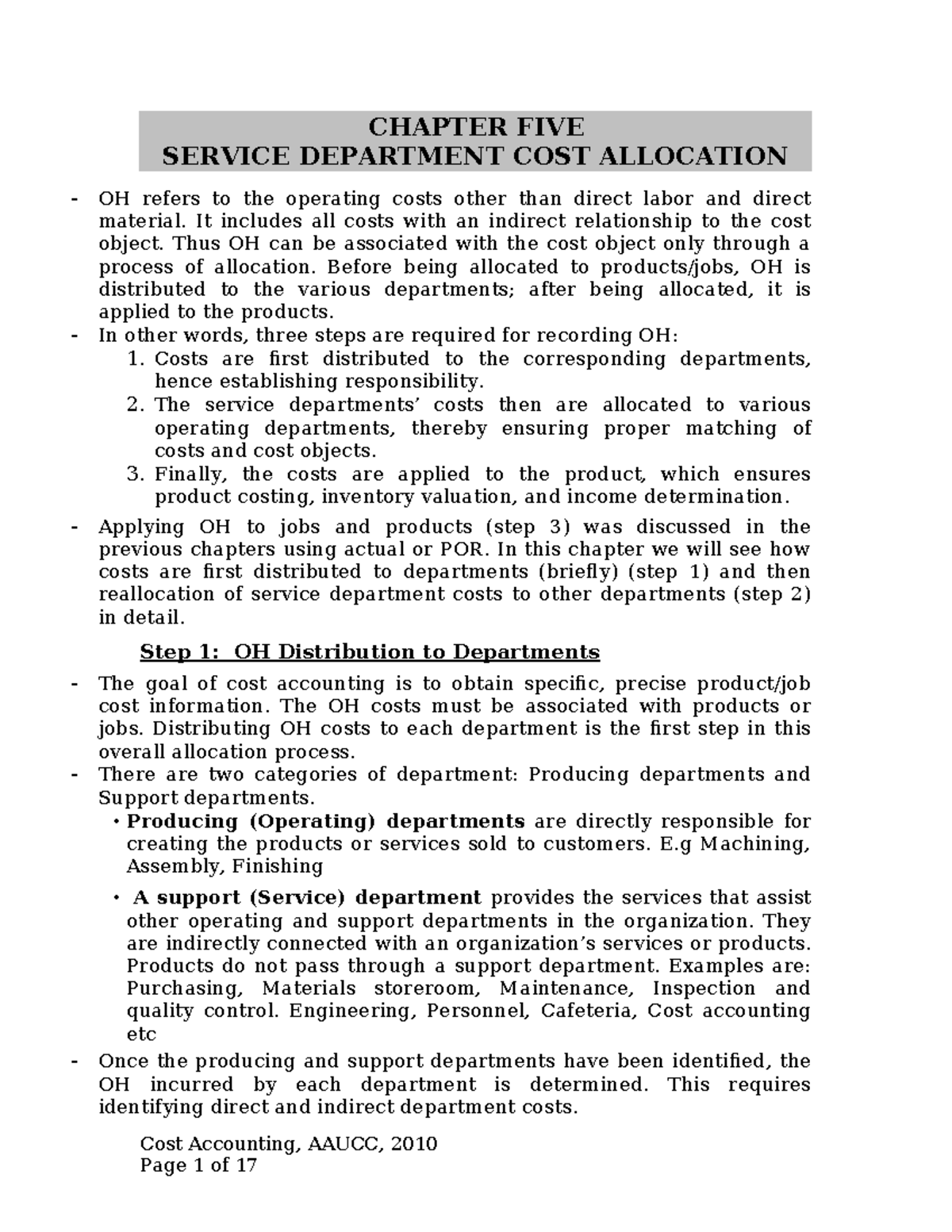 Chapter 5 Service DPT COST Allocation 2010 - CHAPTER FIVE SERVICE DEPARTMENT COST ALLOCATION ...