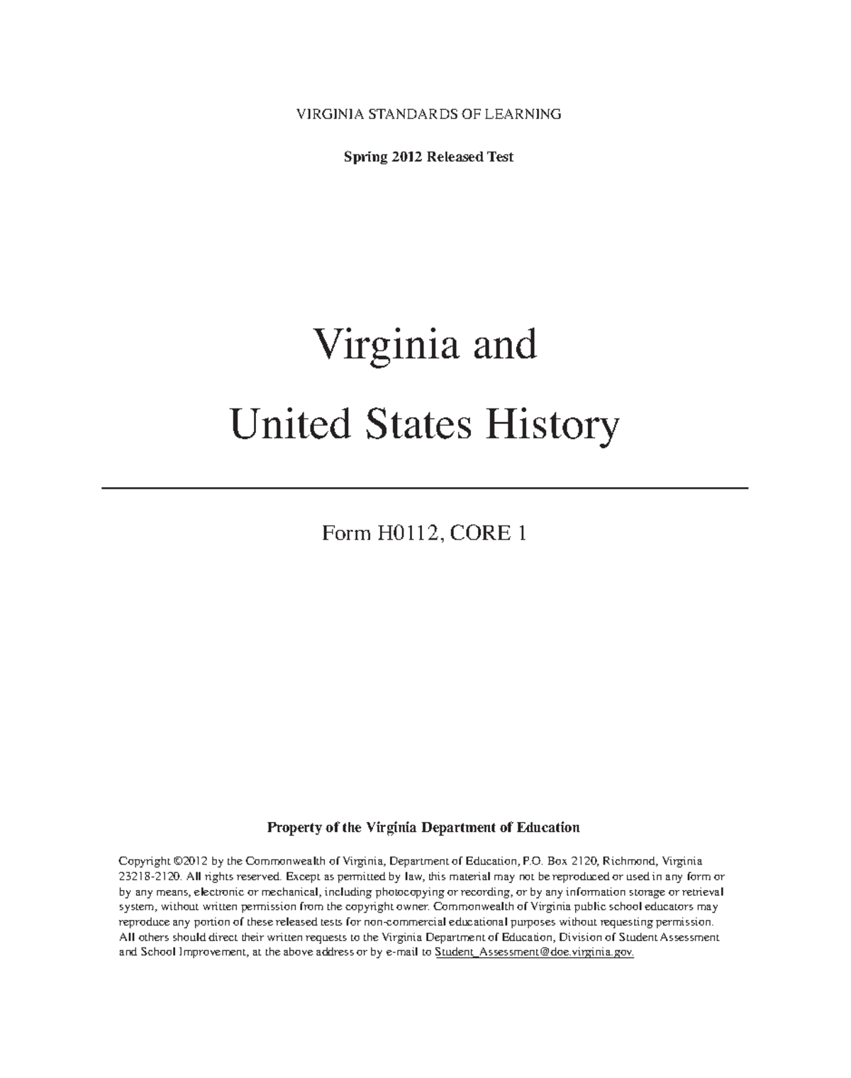 VA-USHistory HS 2012 - SOL Practice - VIRGINIA STANDARDS OF LEARNING ...