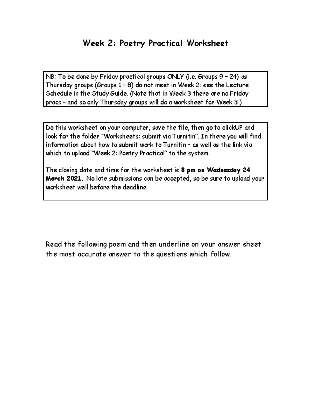 Week 2 practical ONLY for Grs 9 to 24 Suranya Govender - Week 2: Poetry Practical Worksheet NB ...