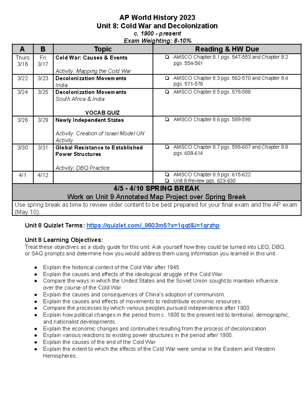 Unit 8 Student Guide 2023 - AP World History 2023 Unit 8: Cold War and ...