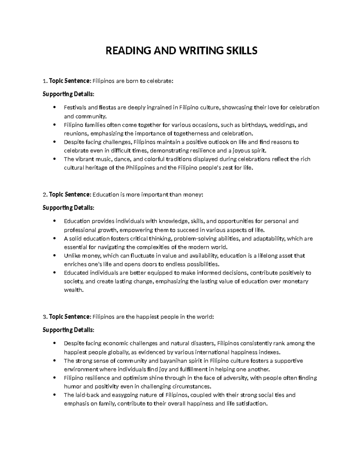 Jm hfjd kfjhs jdgs - READING AND WRITING SKILLS Topic Sentence ...