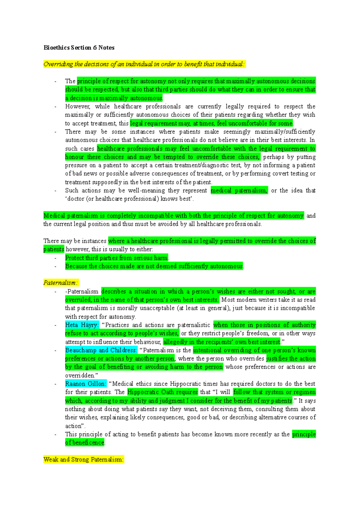 Bioethics Section 6 Notes - Bioethics Section 6 Notes Overriding the ...