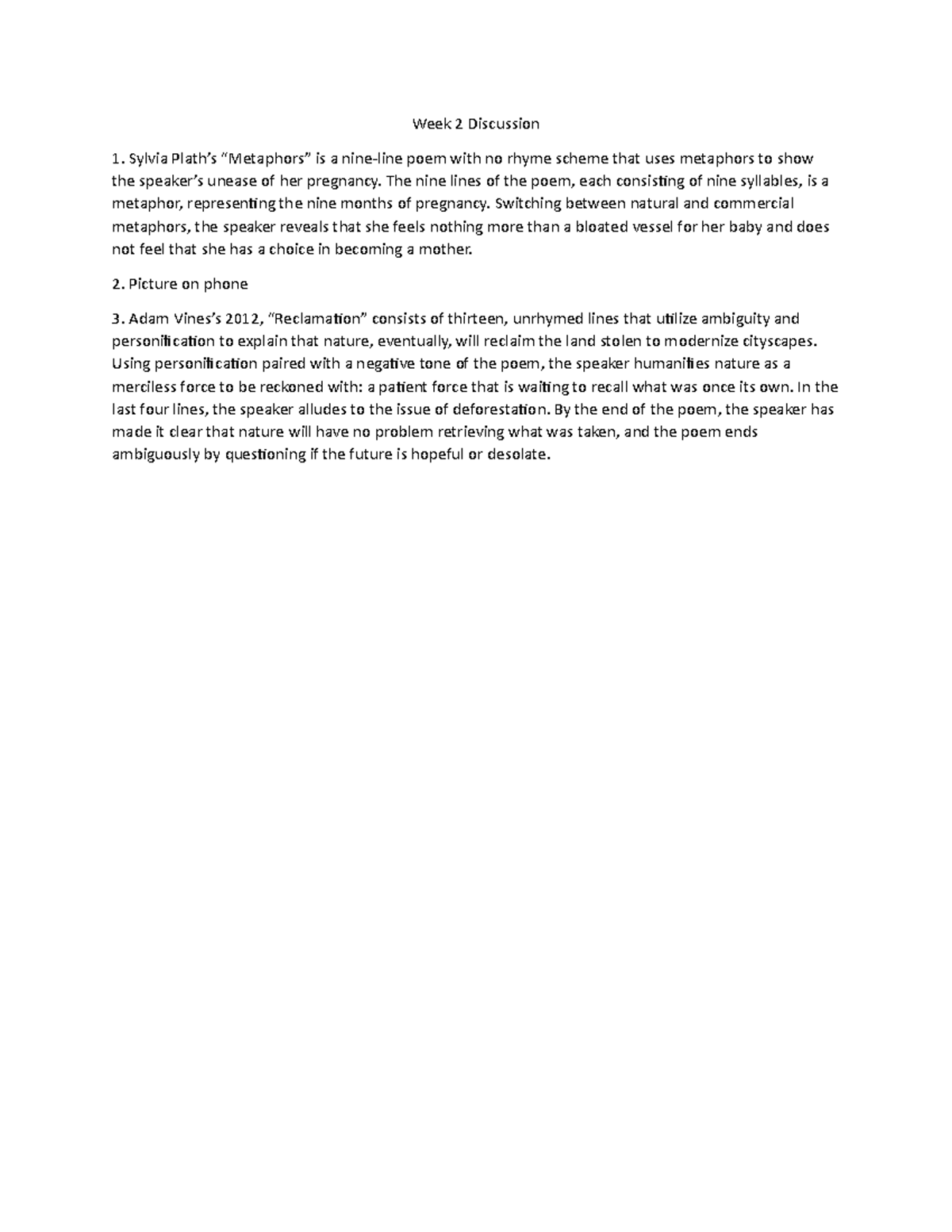 Week 2 Discussion - Week 2 Discussion Sylvia Plath’s “Metaphors” is a ...