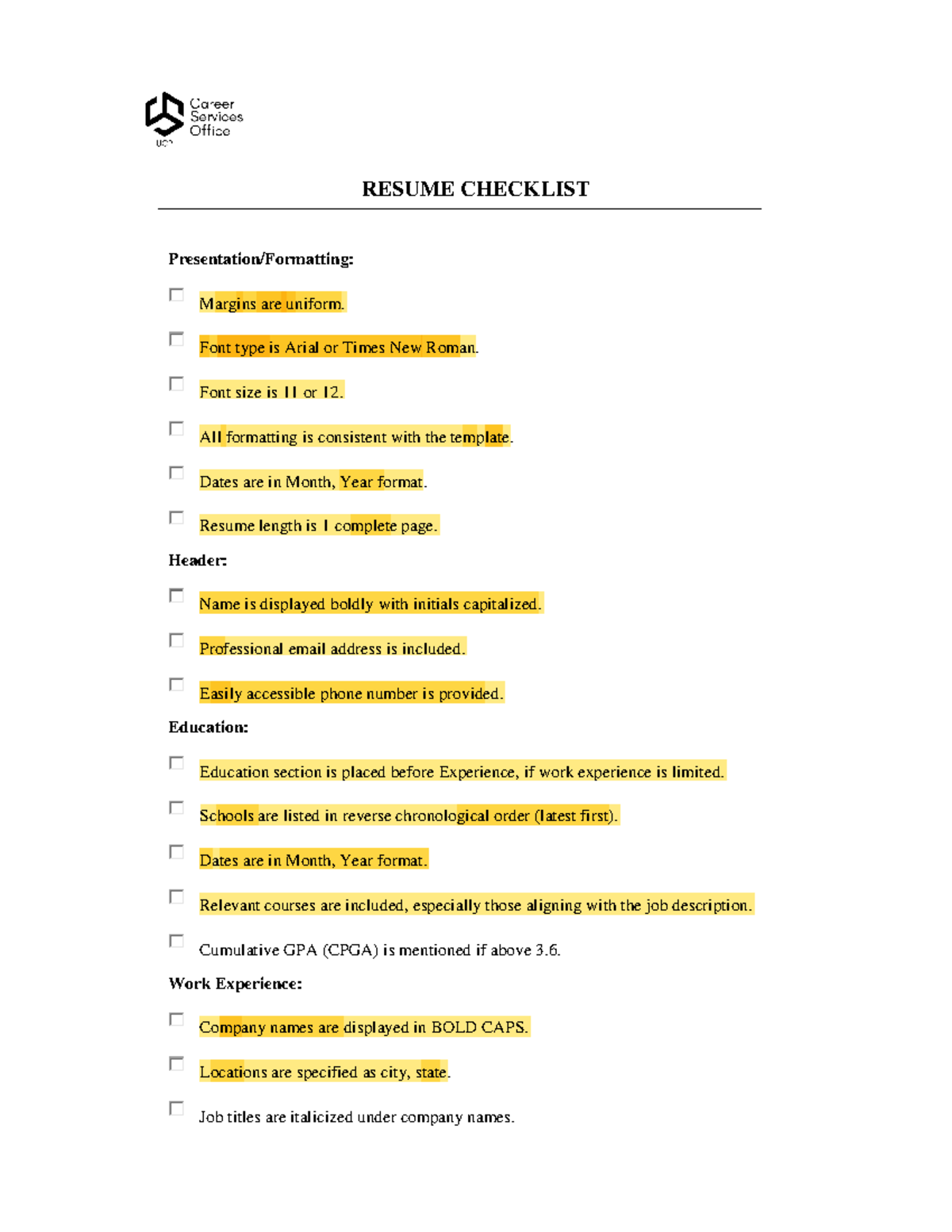 Resume Checklist-1 - Check - RESUME CHECKLIST Presentation/Formatting ...