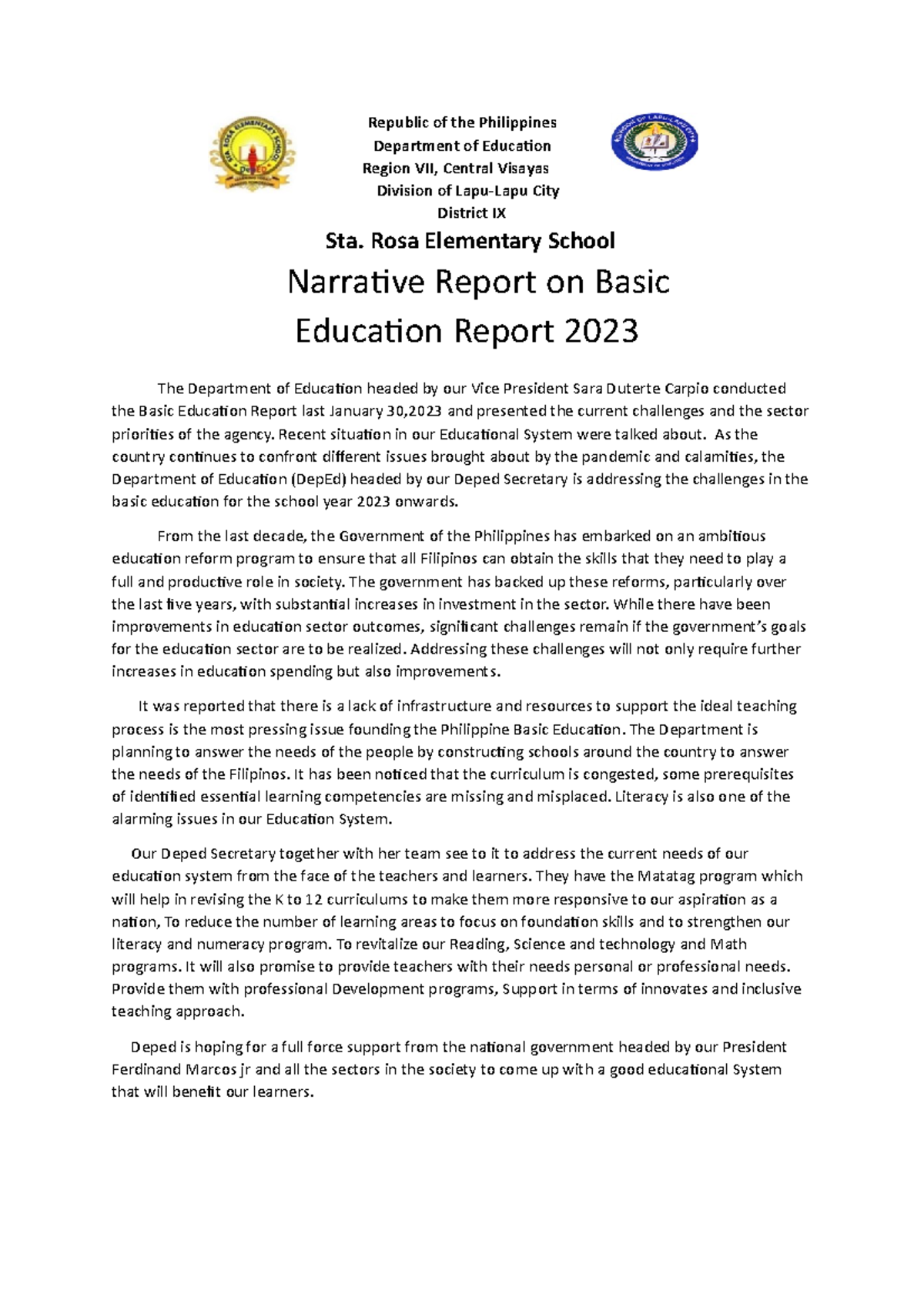 BEC report 2023 - Republic of the Philippines Department of Education ...