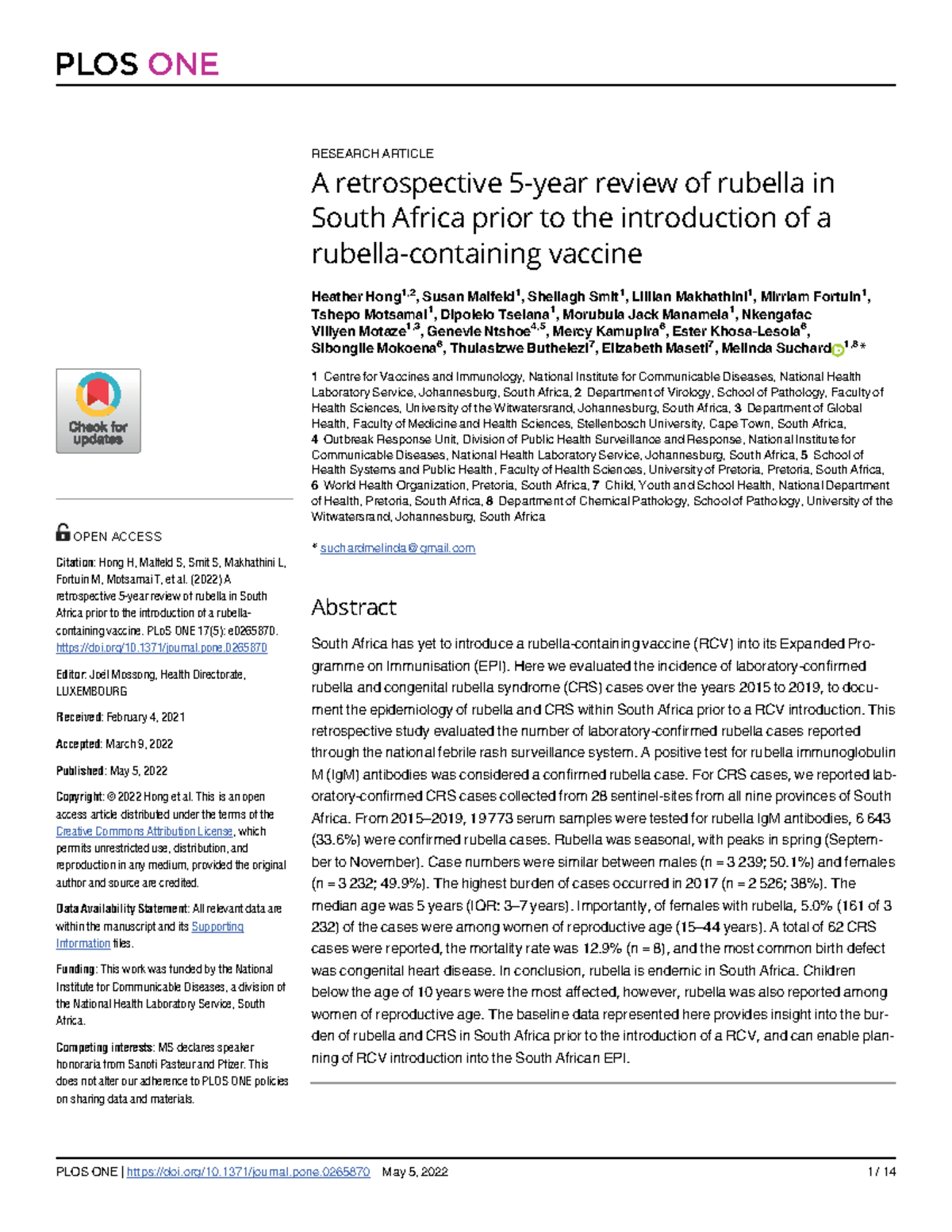 GOOD- A 5 year review of rubella in South Africa prior to the ...