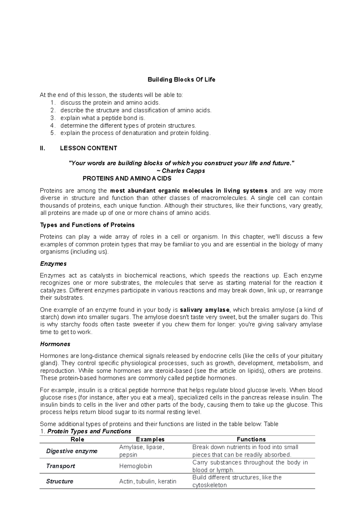Building Blocks Of Life - discuss the protein and amino acids. 2 ...