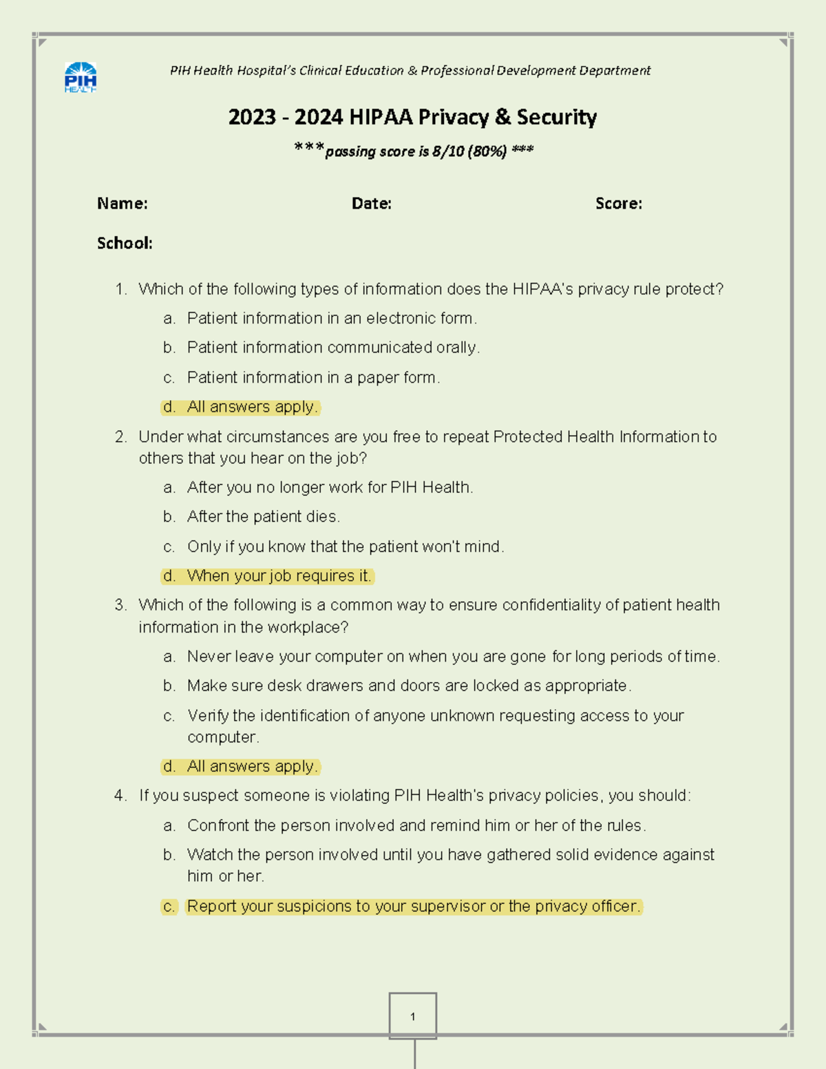 Test - 2023 - 2024 Hipaa Privacy and Security - PIH Health Hospital’s ...