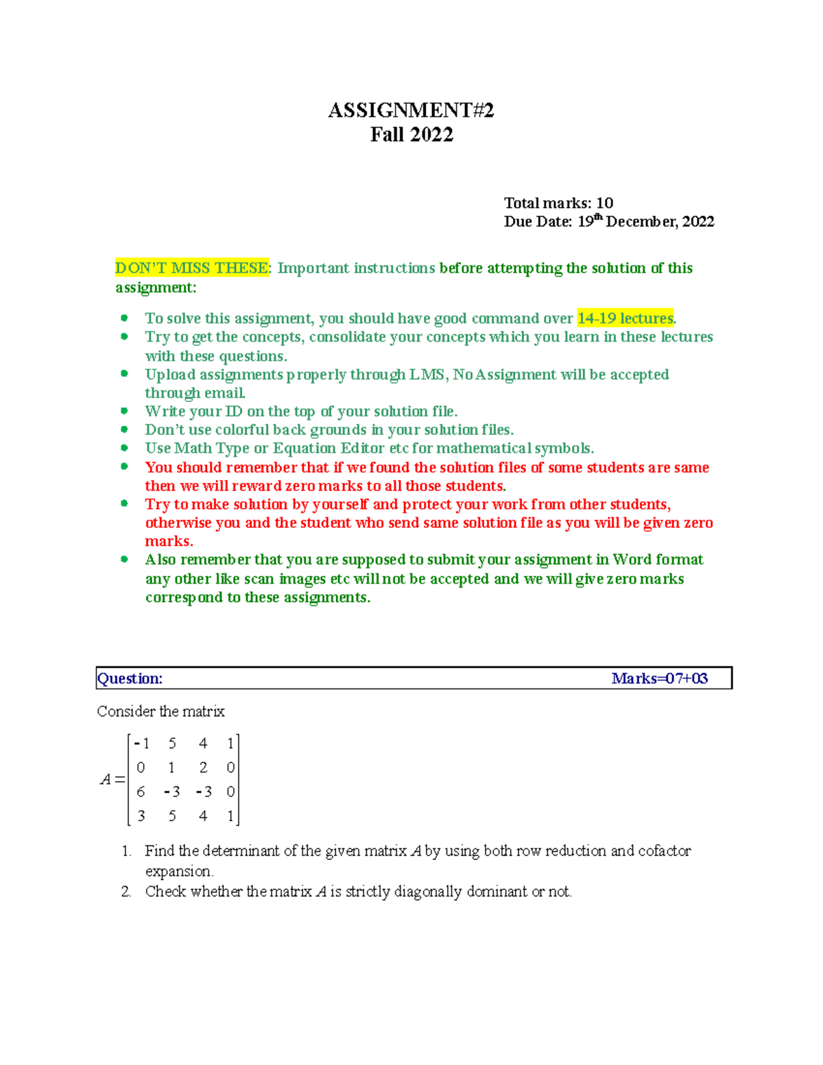 Fall 2022 MTH501 2 - helping material - ASSIGNMENT# Fall 2022 Total marks: 10 Due Date: 19th ...