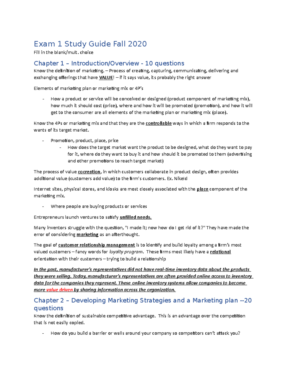 Exam 1 Study Guide Final - Exam 1 Study Guide Fall 2020 Fill in the ...