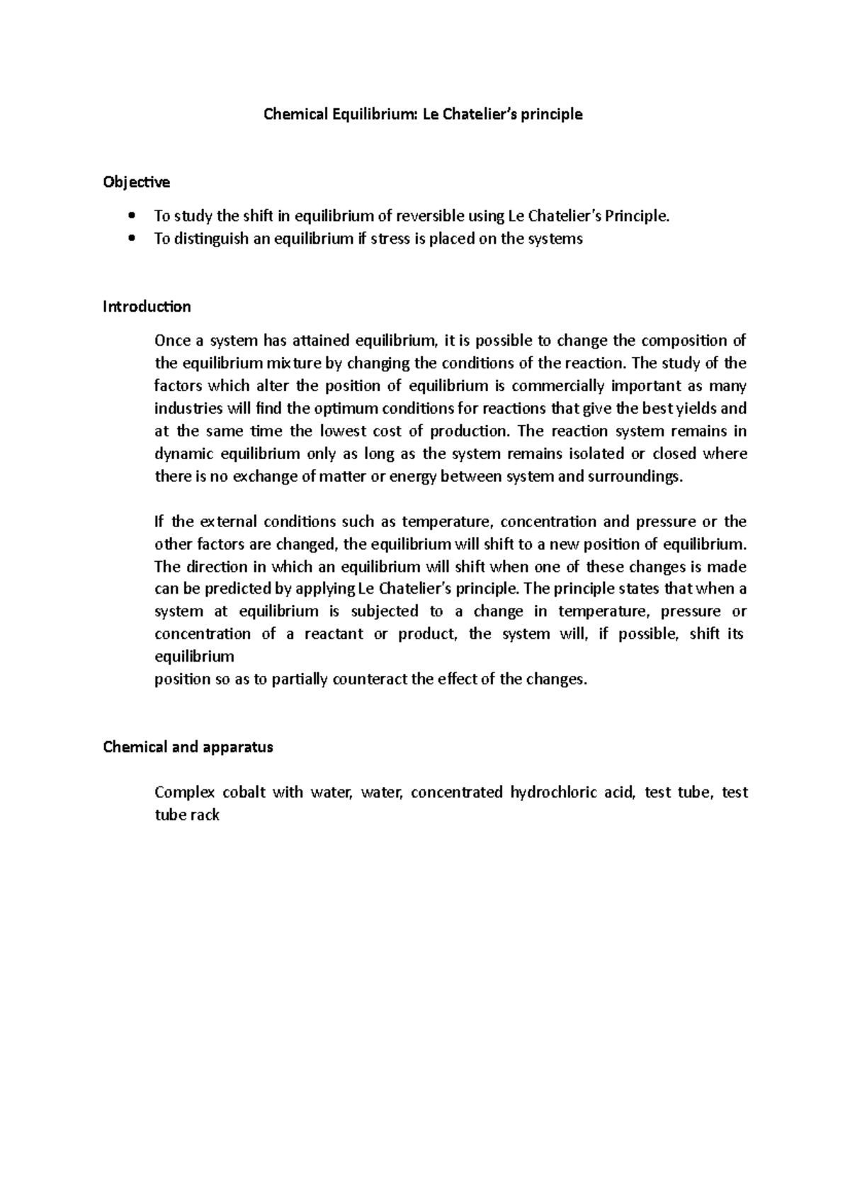 EXP 2 Chemical Equilibrium - Chemical Equilibrium: Le Chatelier’s ...