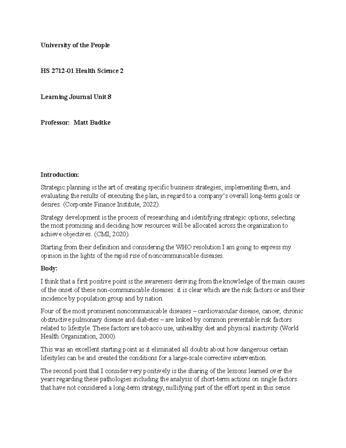 Health science learning journal unit 8 - University of the People HS ...