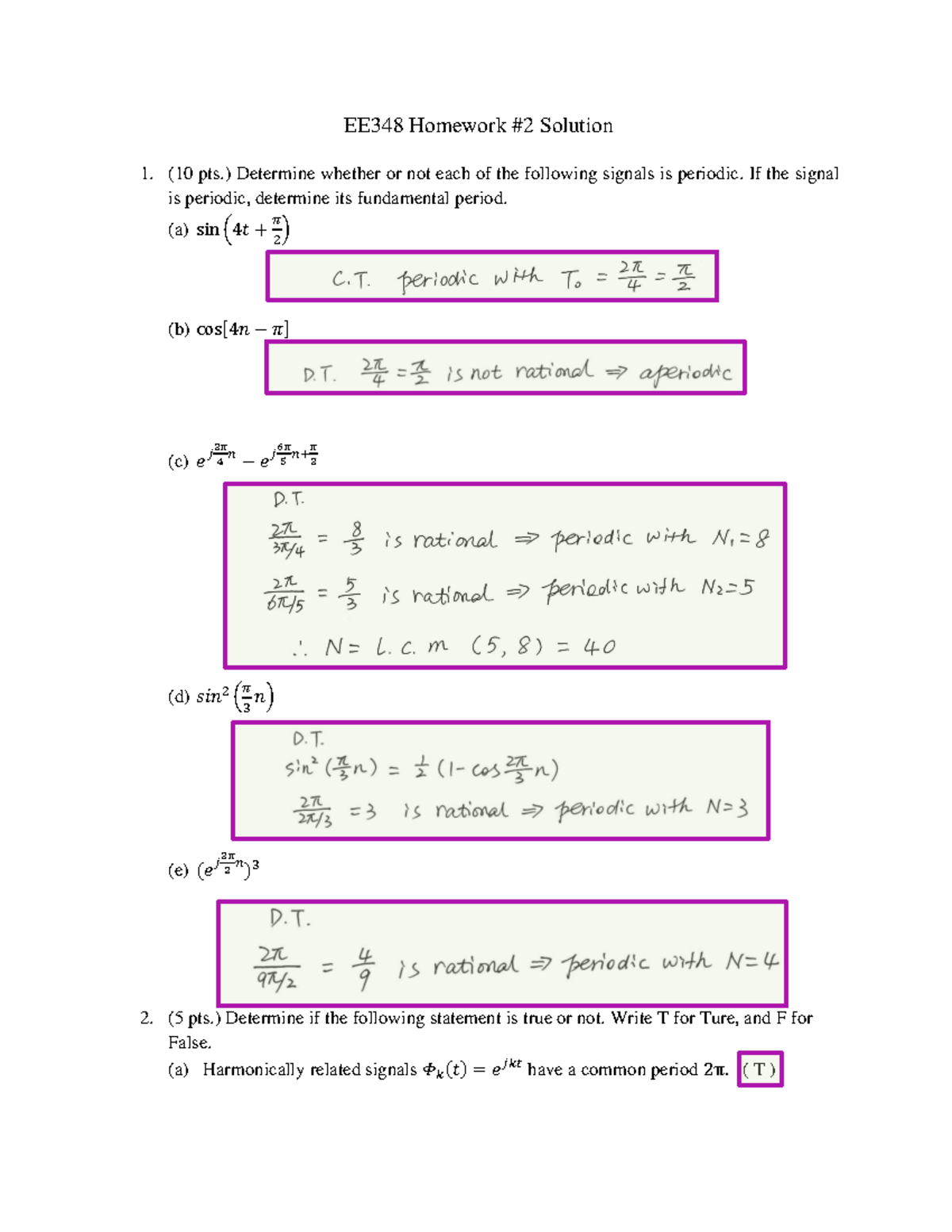 HW 2 solution - HW 2 sol - EE348 Homework Solution 1. (10 pts ...