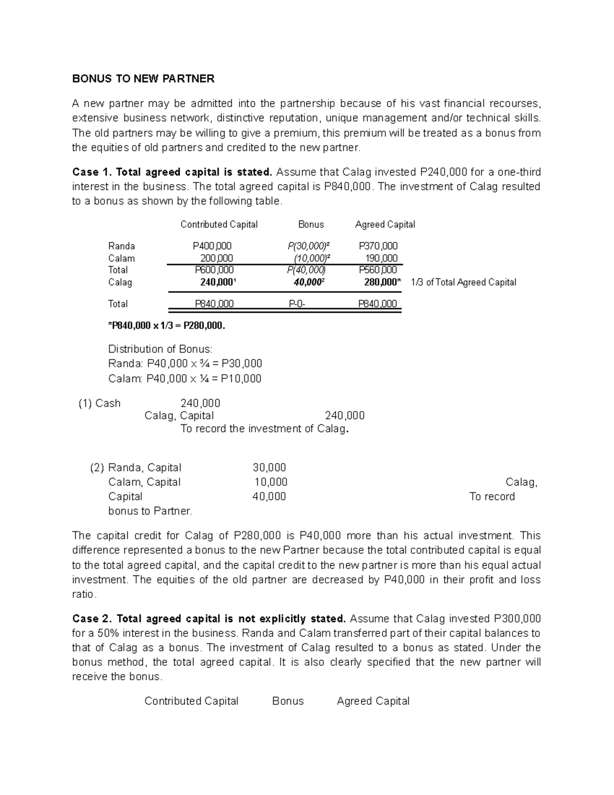 Bonus TO NEW Partner - notes in accounting - BONUS TO NEW PARTNER A new ...