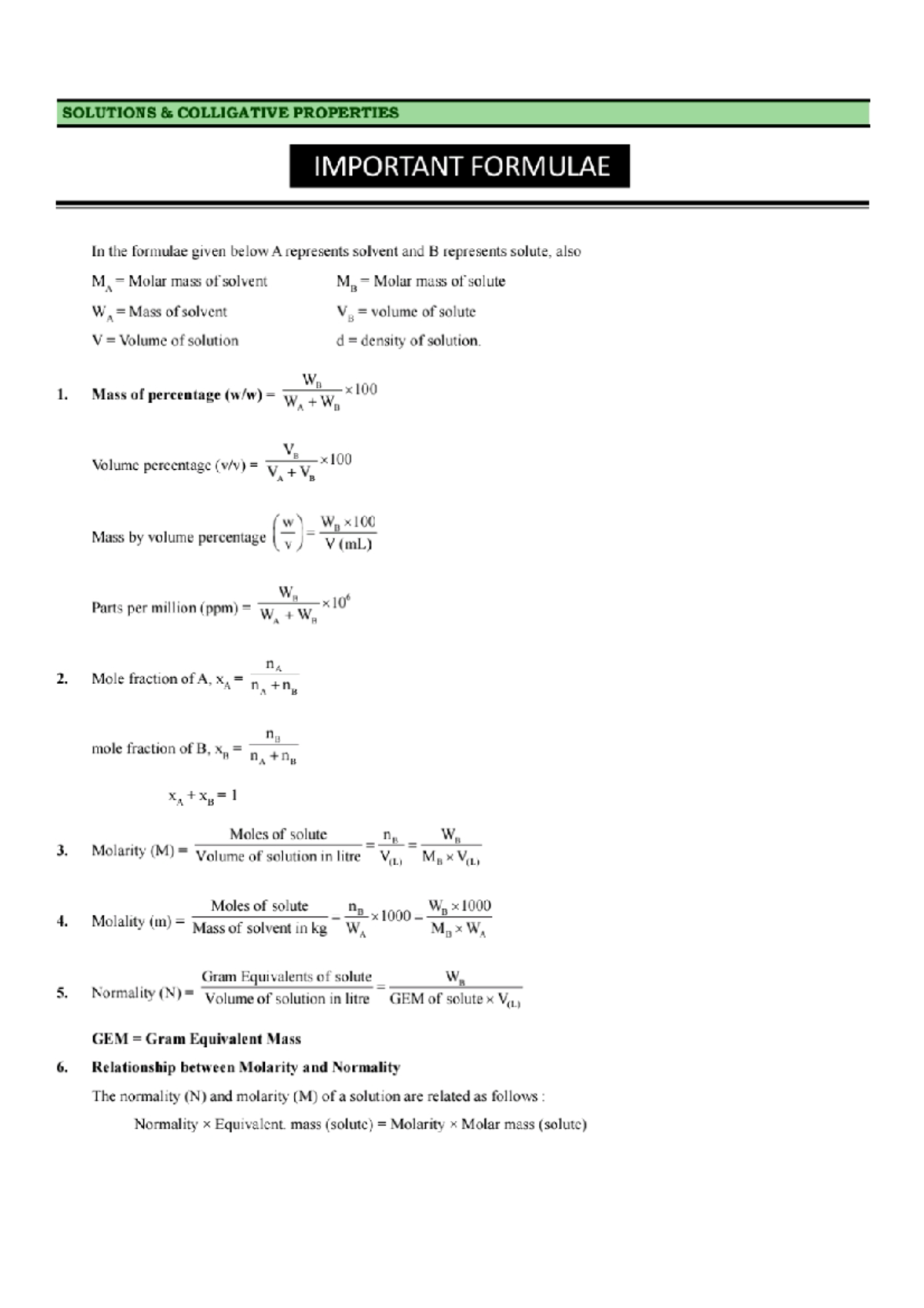 Formulae sheet solution chapter - Bsc. chemistry - Studocu