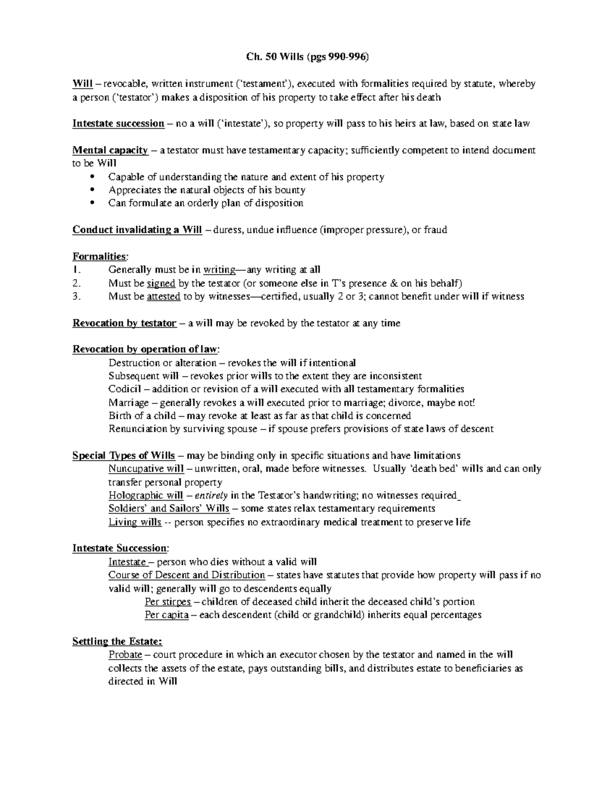 Ch 50 - Wills - BLAW - Ch. 50 Wills (pgs 990-996) Will – revocable ...